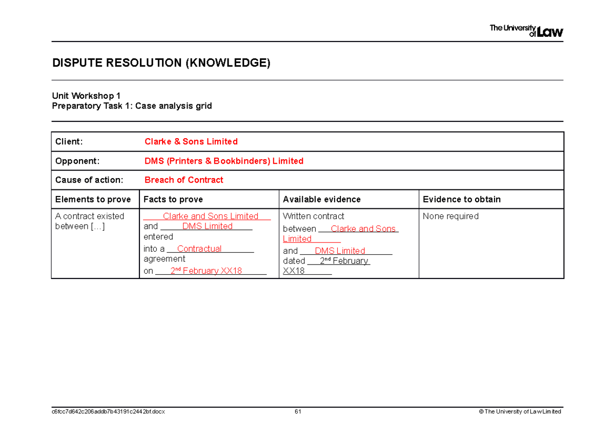 Case Analysis Prepatory Task - DISPUTE RESOLUTION (KNOWLEDGE) Unit ...