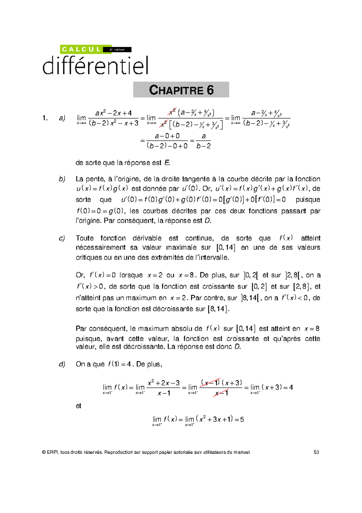 Sol Exer Revision Chap6 final 060114 - CHAPITRE 6 a) ( ) 2 2 2 ####### 2 4 lim lim x 2 3 x ax x ...
