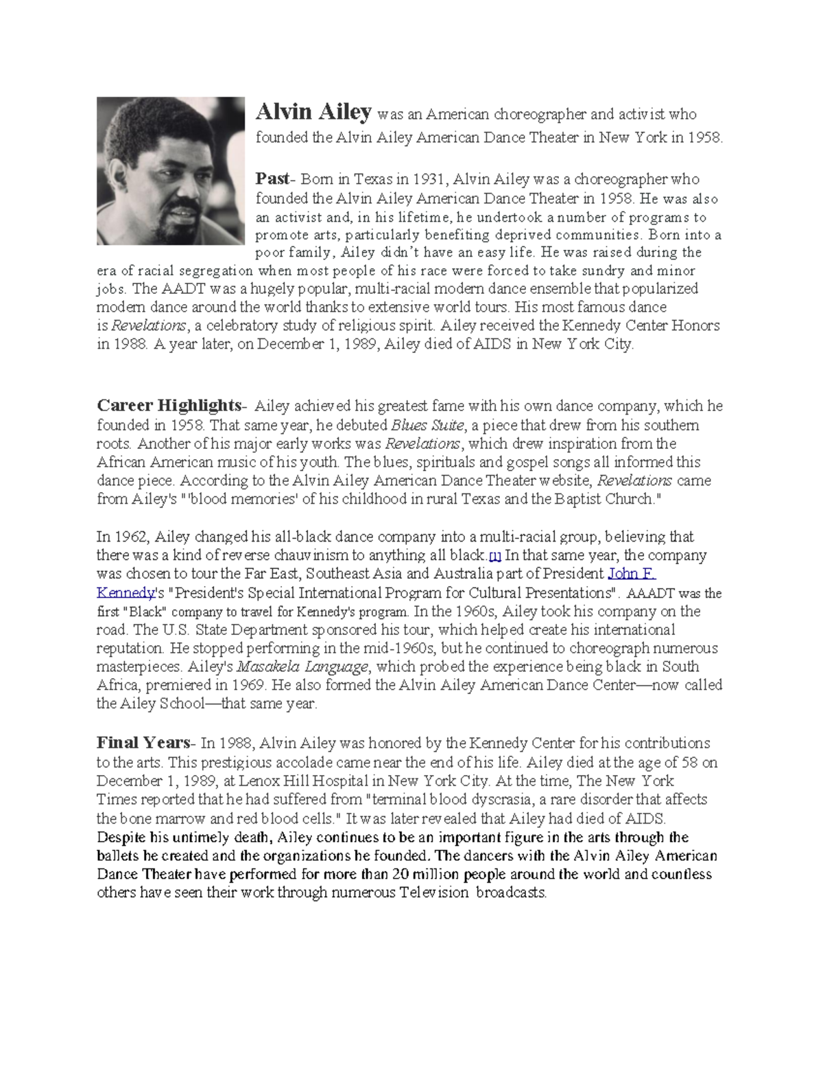 Alvin Ailey Handout.pdf - Alvin Ailey was an American choreographer and ...