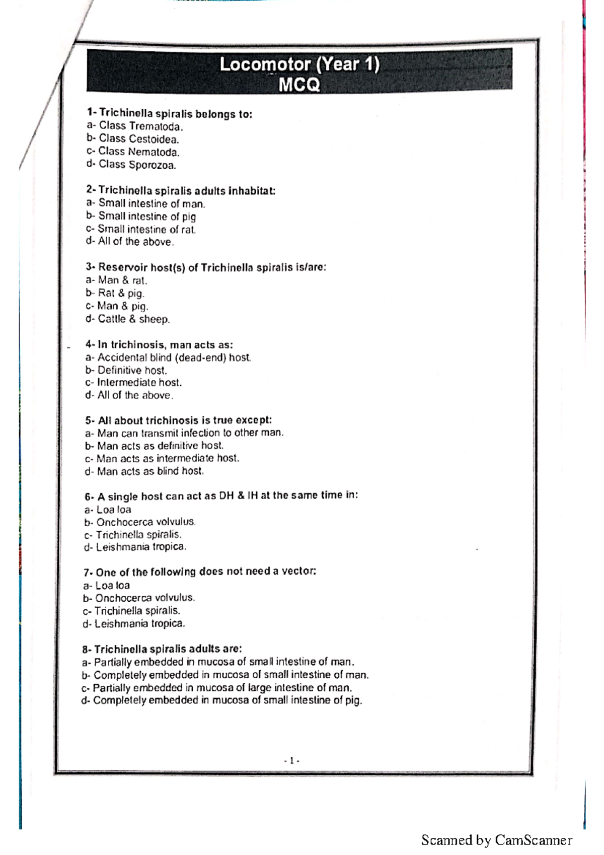Mcq parasitology - Pathophysiology And Parasitology - Studocu