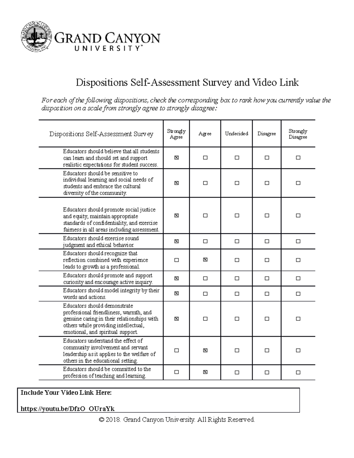 Disposition Self-Assessment Assignment - Dispositions Self-Assessment ...