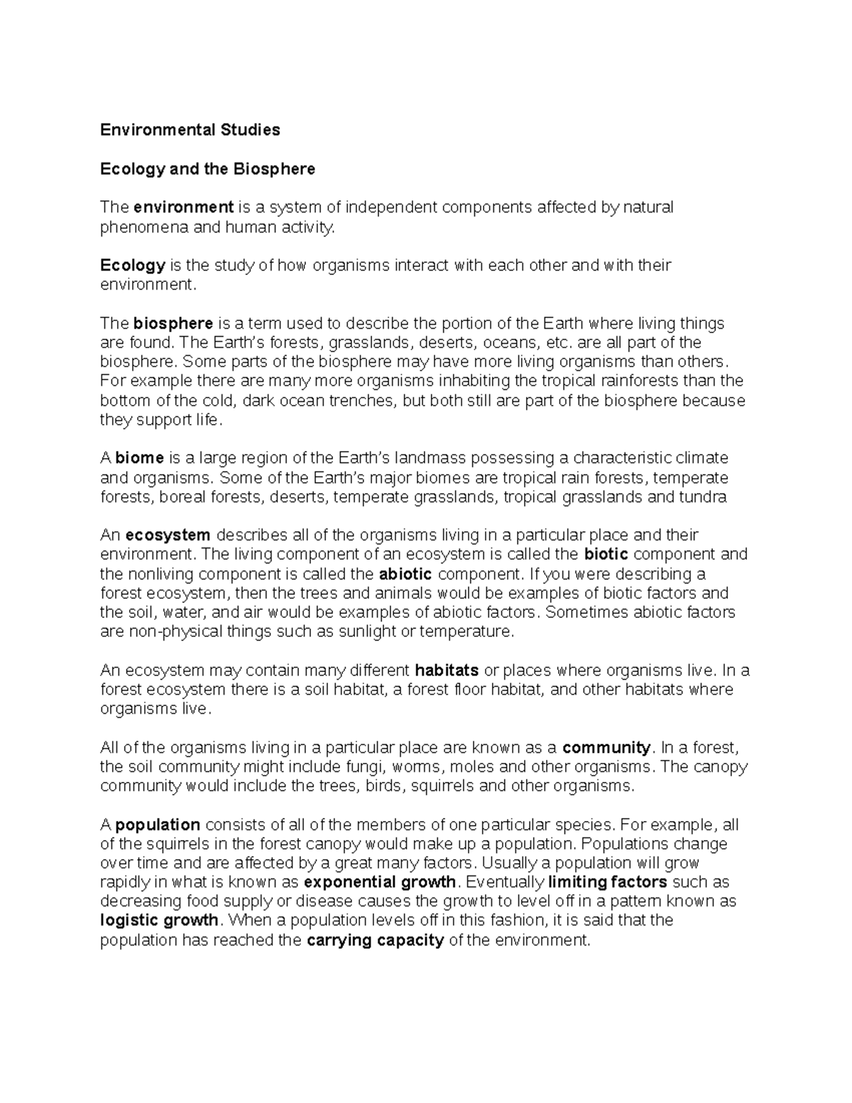 Environmental Studies - Environmental Studies Ecology and the Biosphere ...