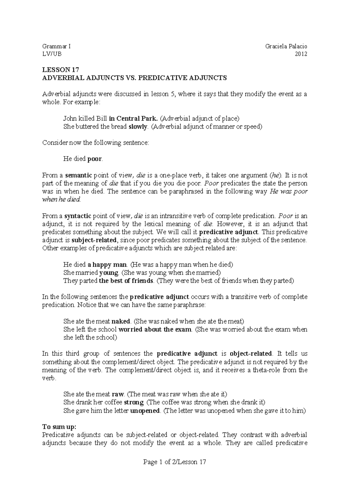 17 Predicative Adjuncts - Grammar I Graciela Palacio LV/UB 2012 LESSON ...