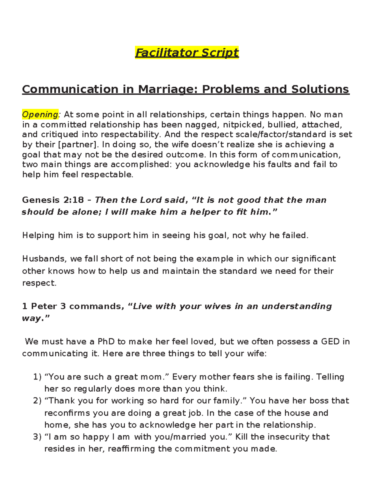 Marriage Communication Problems and Solutions - Facilitator Script ...
