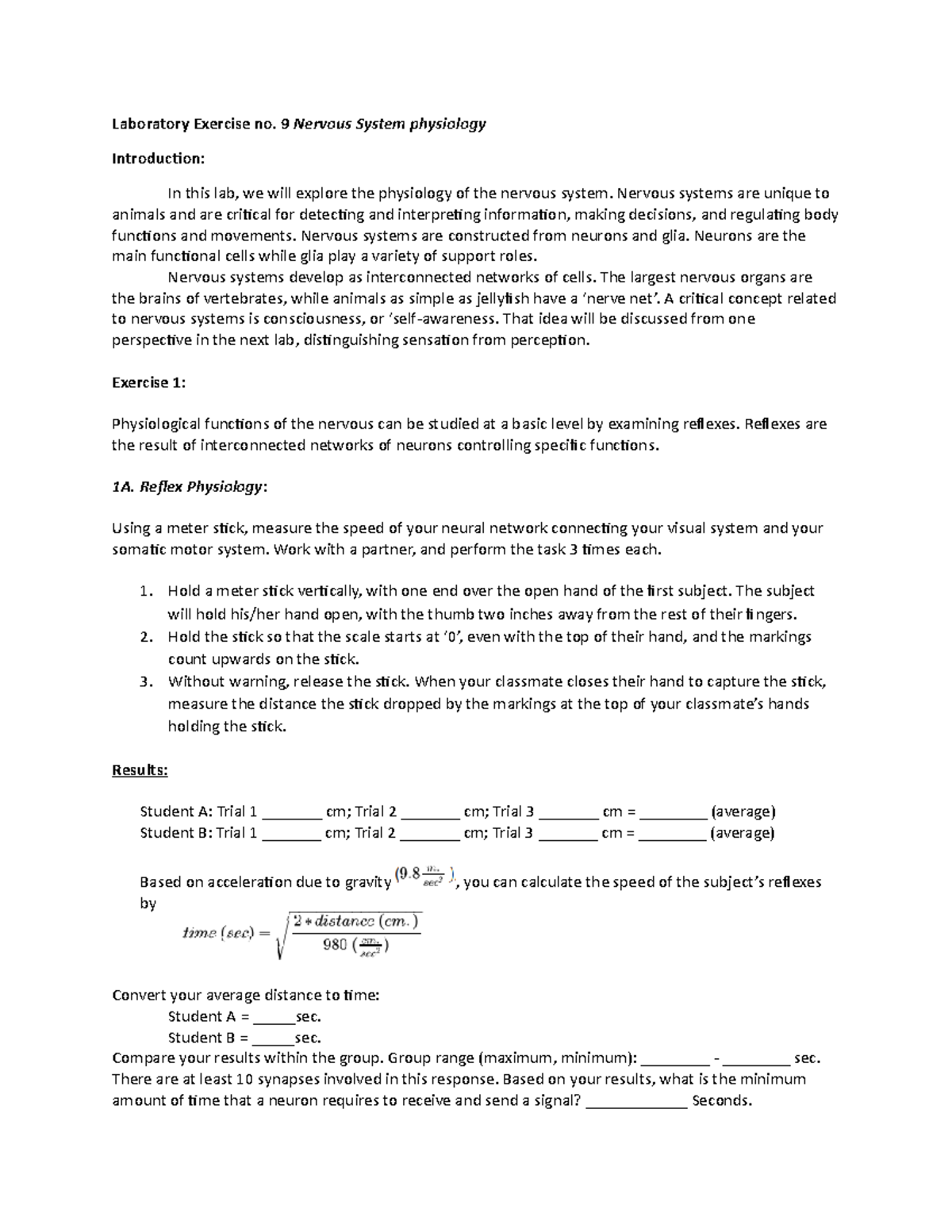 Exercise 9- General Physiology - Laboratory Exercise no. 9 Nervous ...
