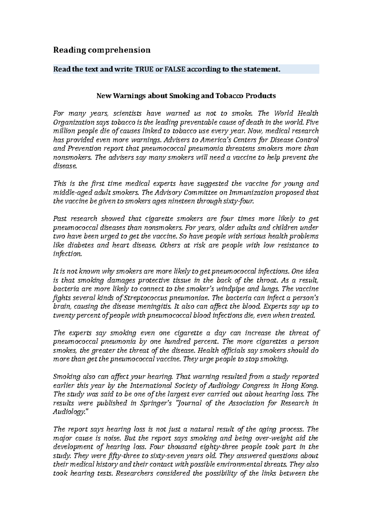 Reading comprehension - Reading comprehension Read the text and write ...