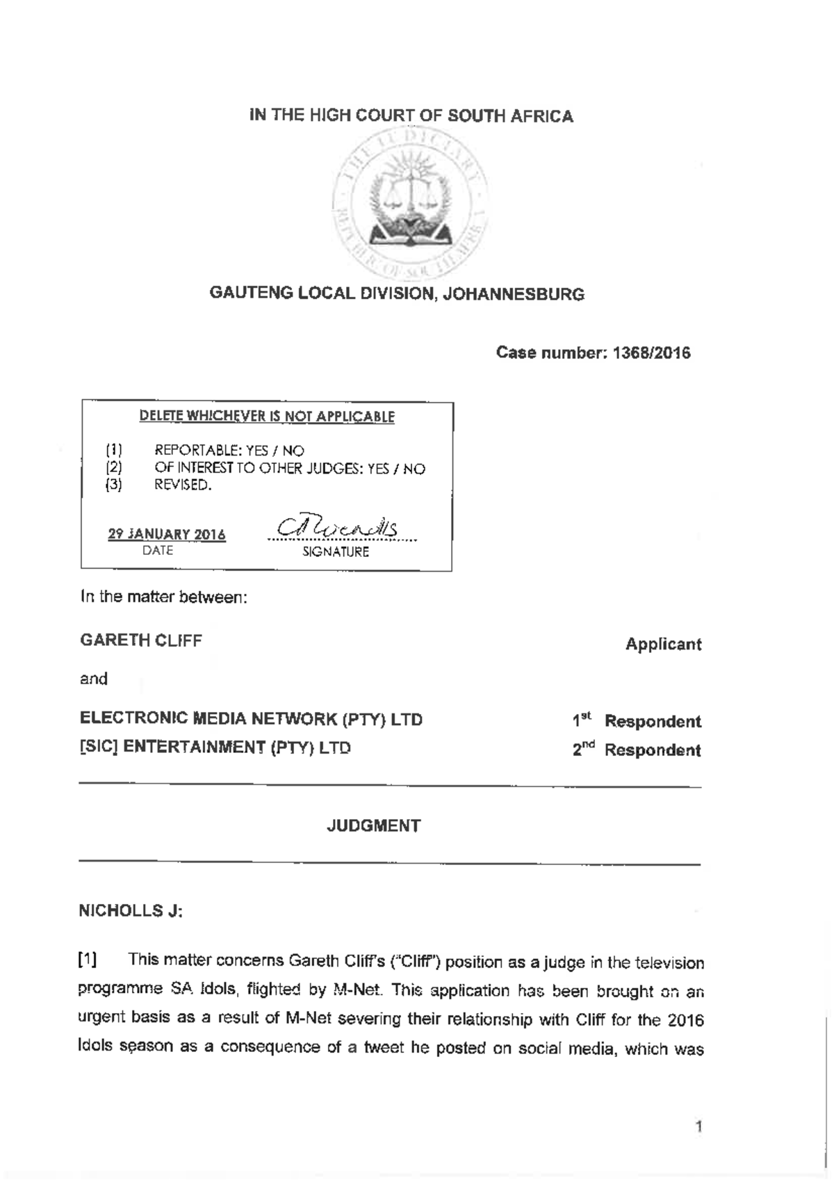 Cliff v M Net Judgment Nicholls J 2016 01 29 - LLB 98680 - Studocu
