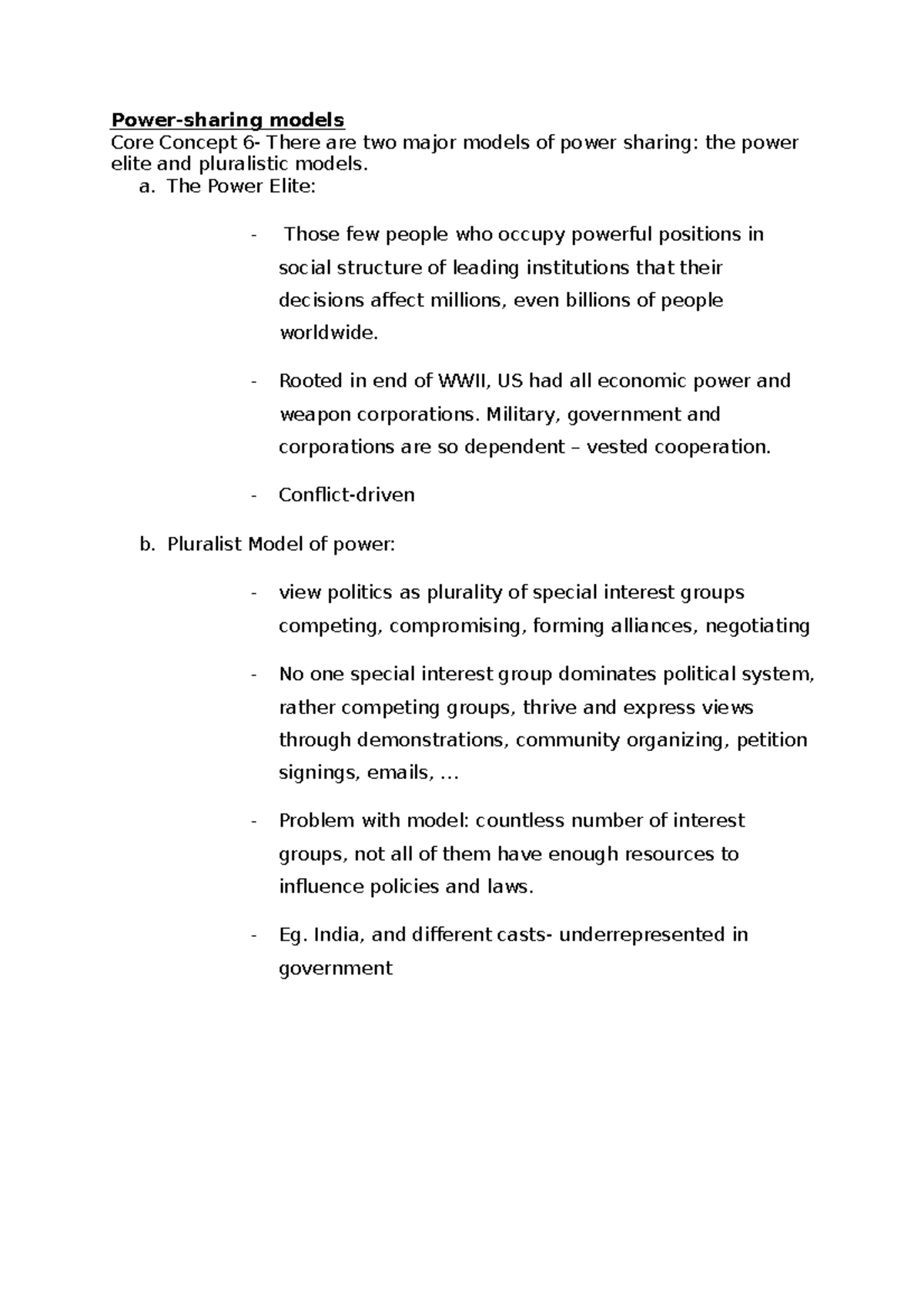 Power - Power-sharing models Core Concept 6- There are two major models ...