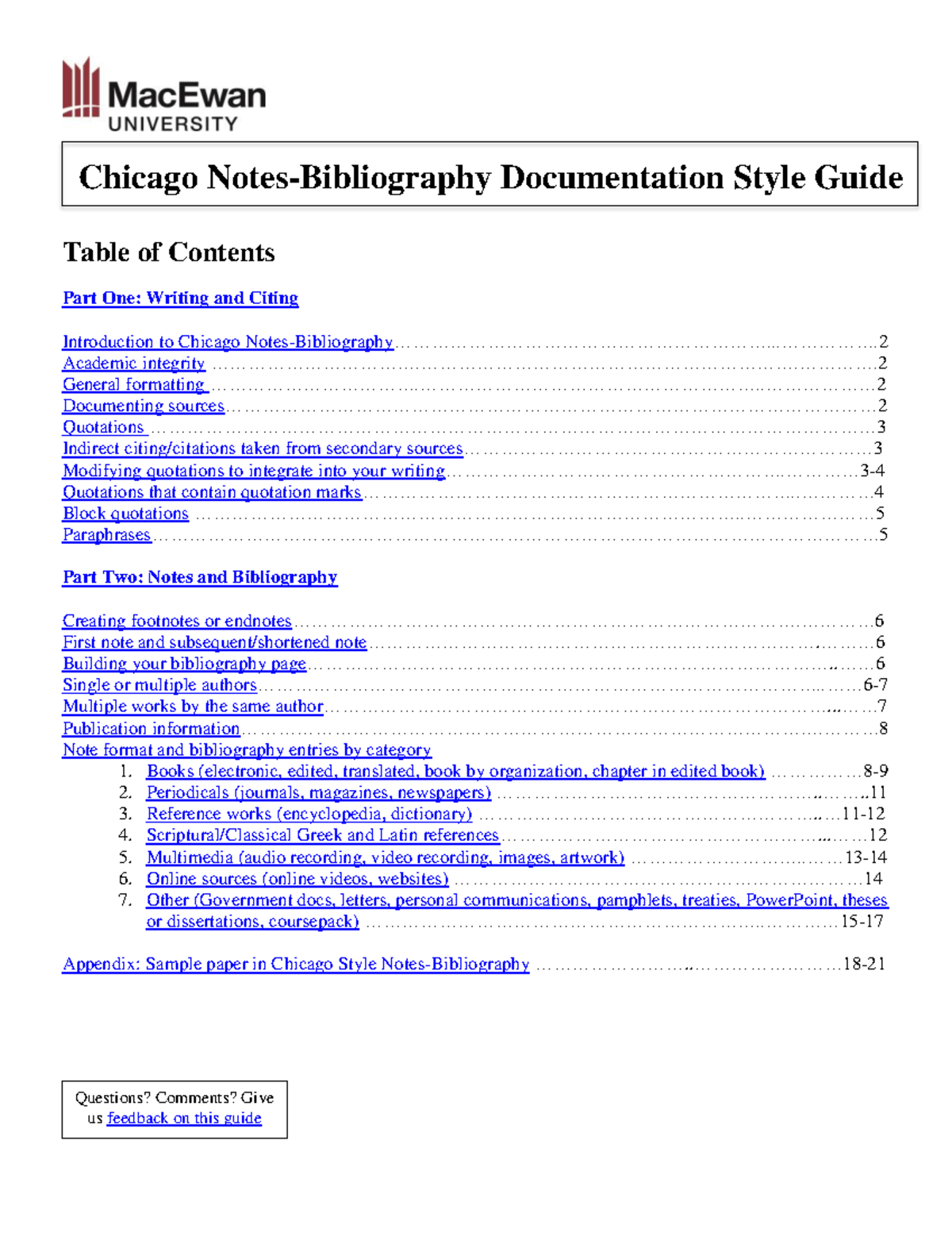 Chicago-notes-bibliography - Table of Contents Part One: Writing and ...