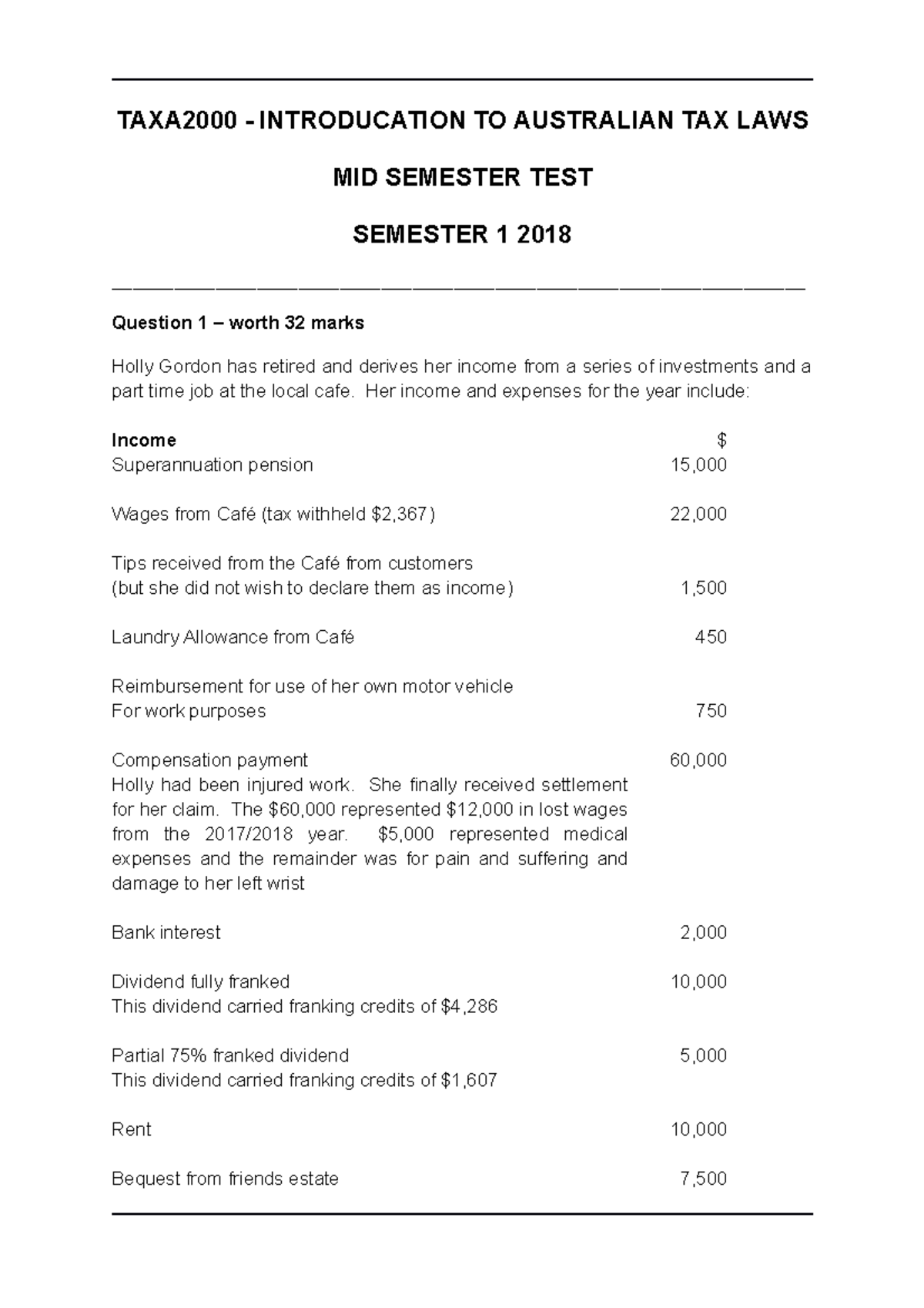 Mid-Sem Test 2018 - TAXA2000 - INTRODUCATION TO AUSTRALIAN TAX LAWS MID ...