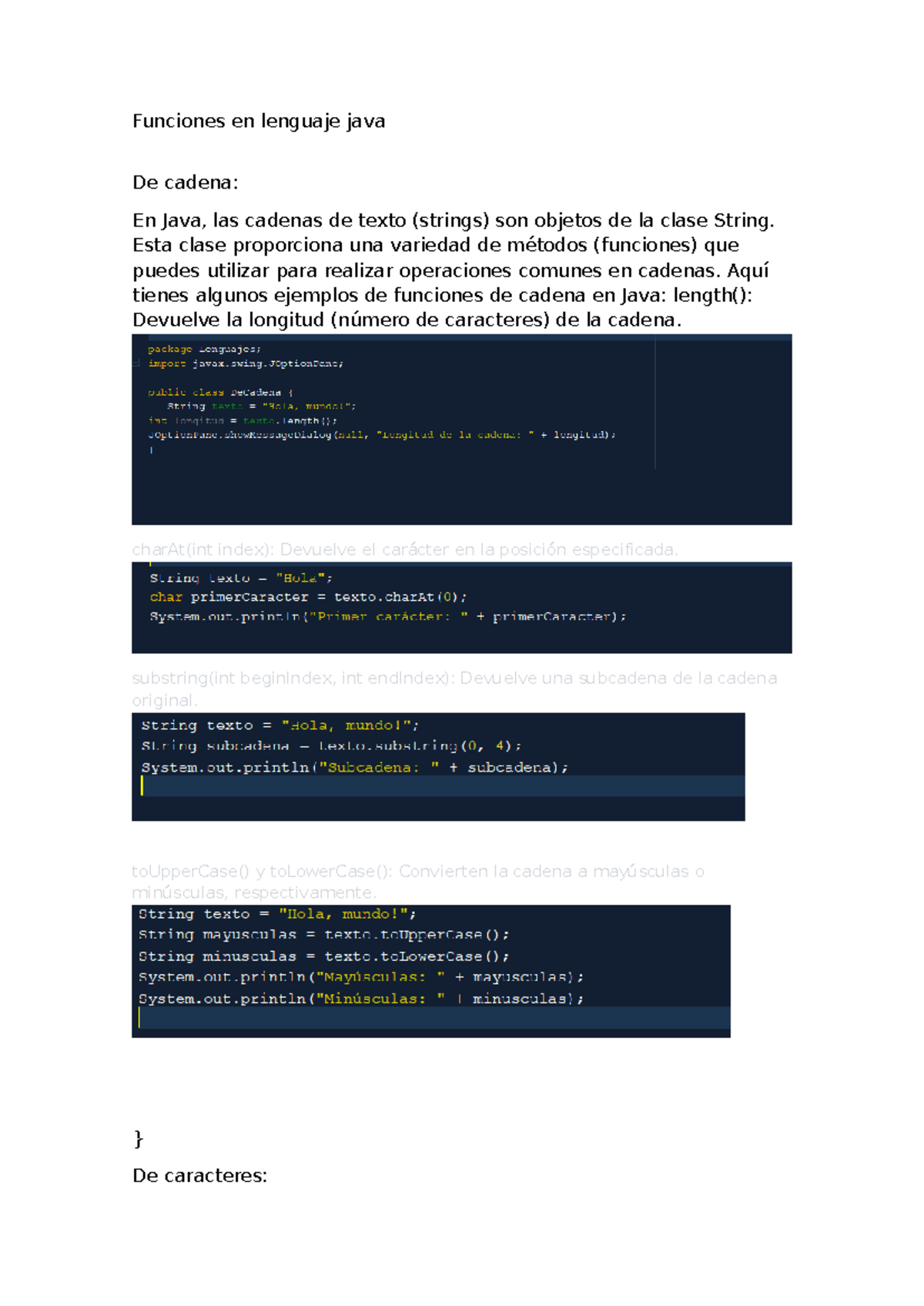 Lenguajes - ... - Funciones en lenguaje java De cadena: En Java, las ...