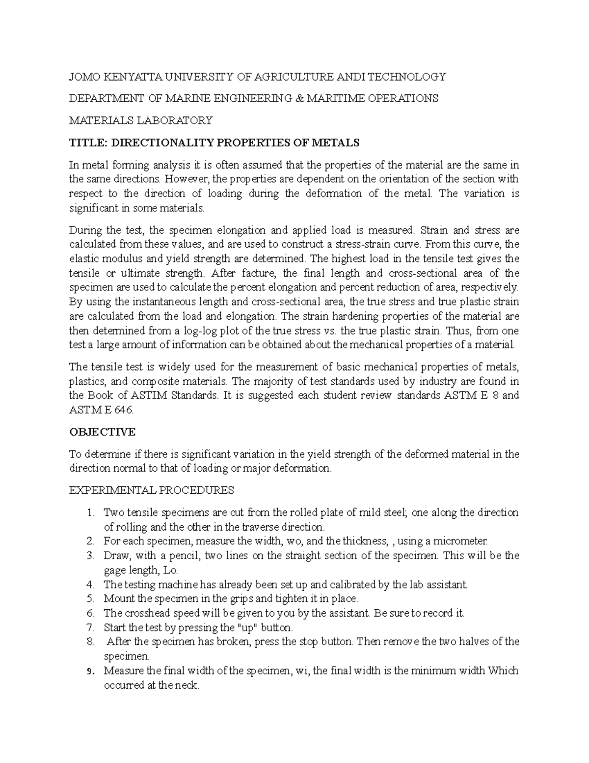 Directionality Properties OF Metals - Mechanical engineering - JKUAT - Studocu
