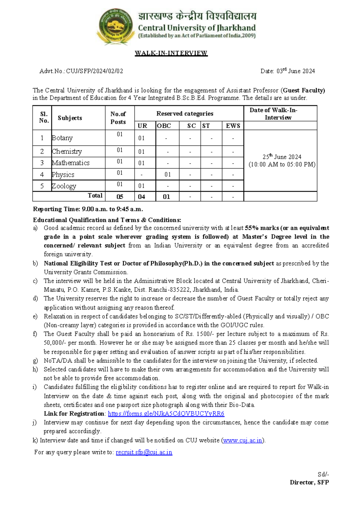 Revised B.Sc.B.Ed. Guest Faculty Advertisment CUJ - WALK-IN-INTERVIEW ...