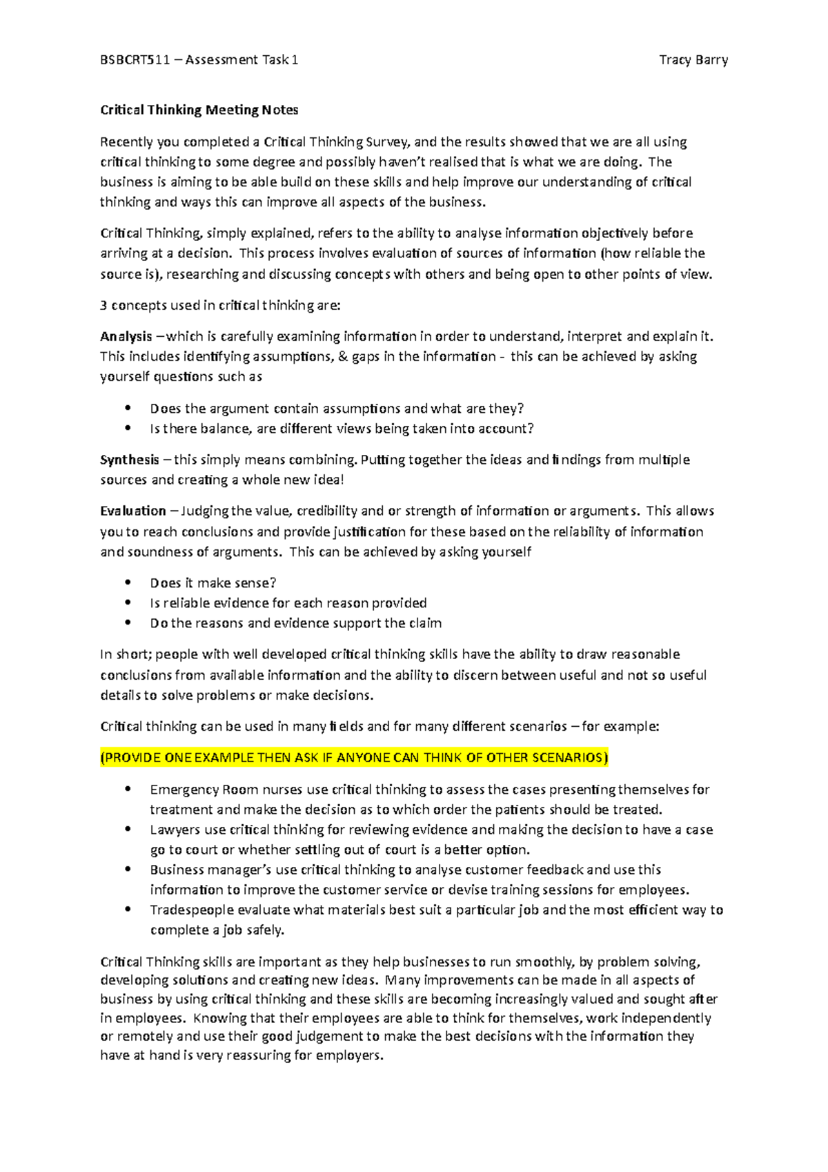 Critical Thinking Meeting Notes - BSBCRT511 – Assessment Task 1 Tracy ...