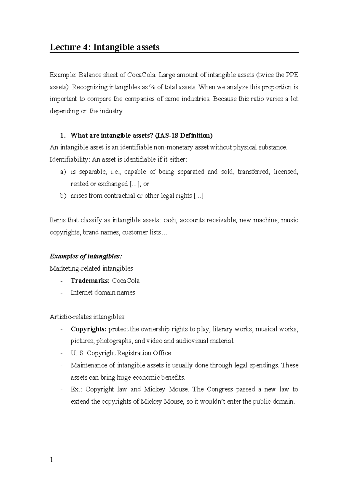 Lecture 4 - Lecture 4: Intangible assets Example: Balance sheet of ...