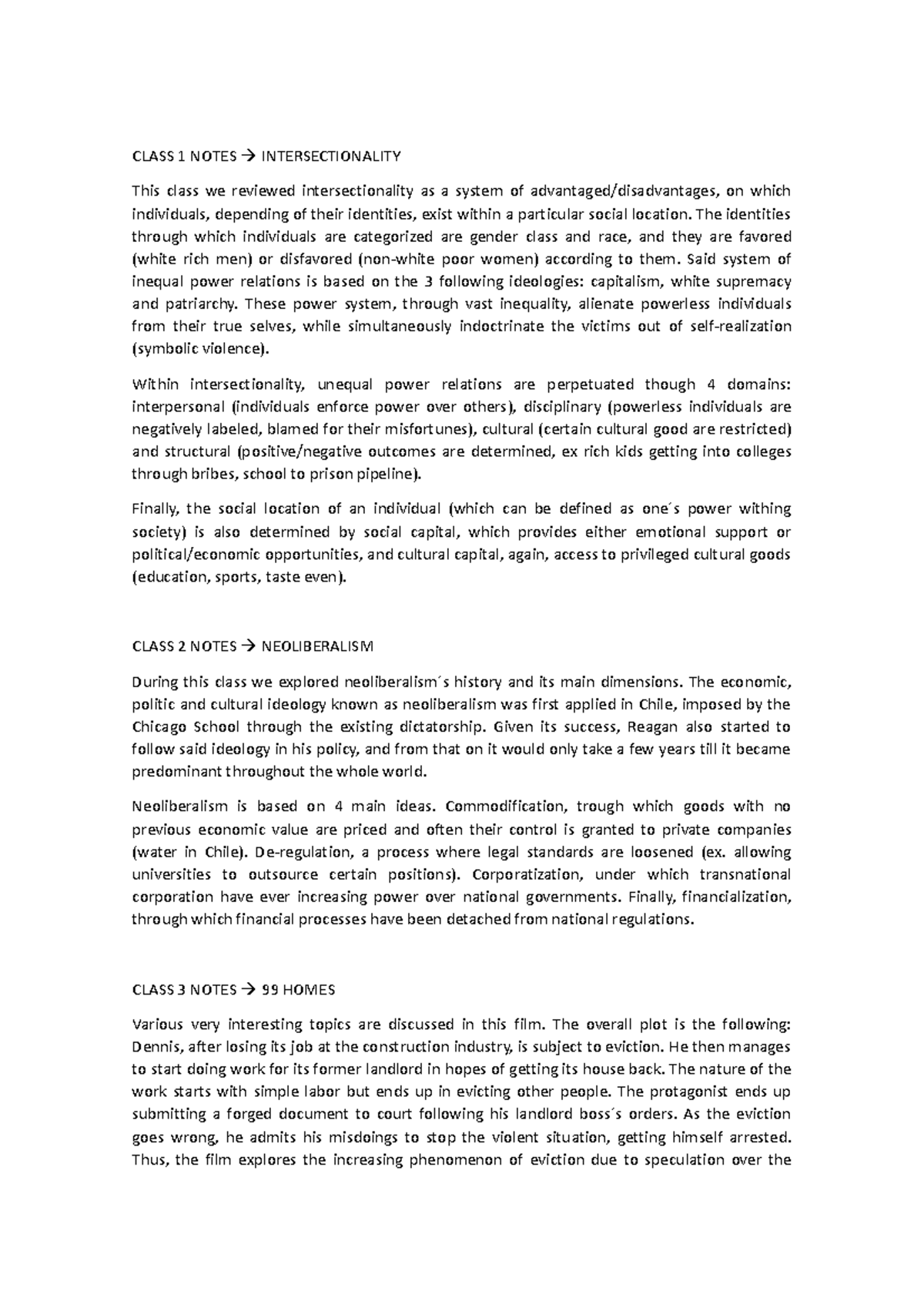 Class Notes - CLASS 1 NOTES INTERSECTIONALITY This class we reviewed ...