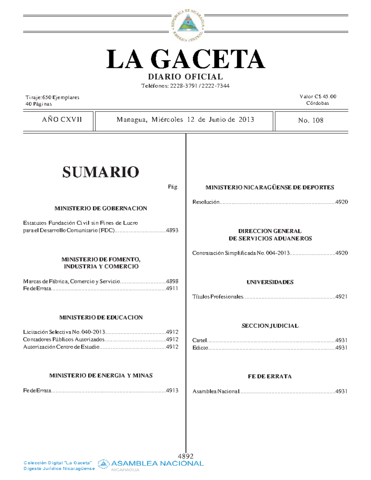 FE DE Errata A LA LEY NO. 822 LCT 12.06.2013 Gaceta 108 - Colección Digital “La Gaceta” LA ...