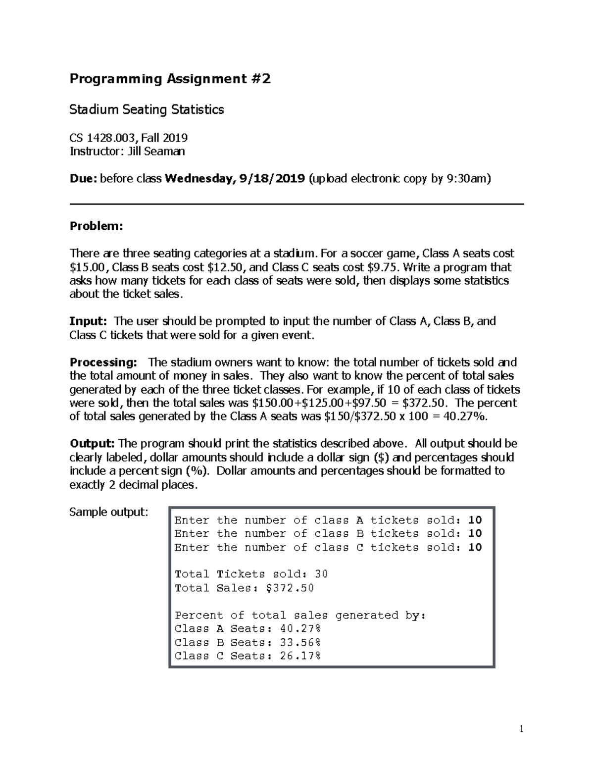 Assign 2 Programming Assignment Stadium Seating Statistics Cs 1428 Fall 2019 Instructor Jill 