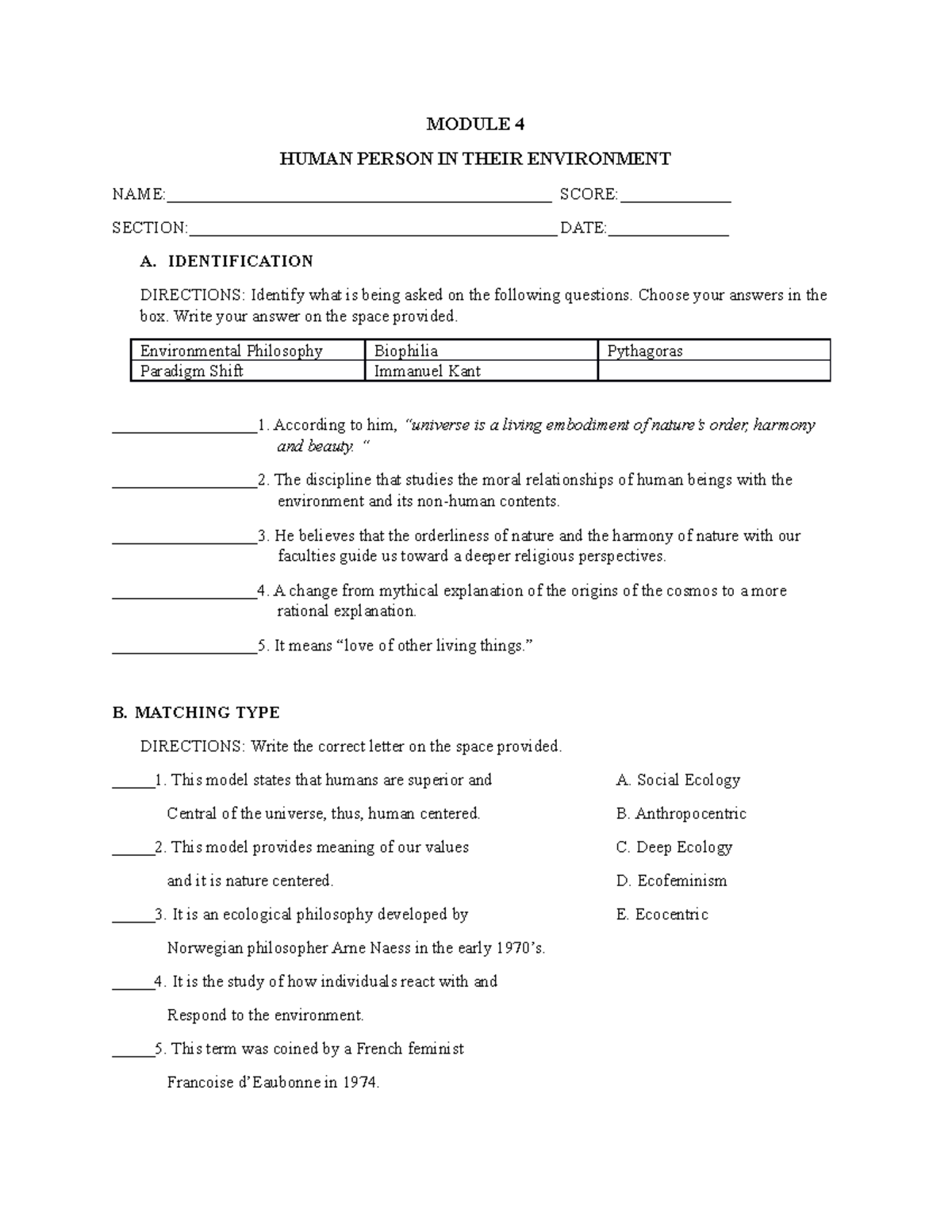Exam philo - MODULE 4 HUMAN PERSON IN THEIR ENVIRONMENT - Studocu