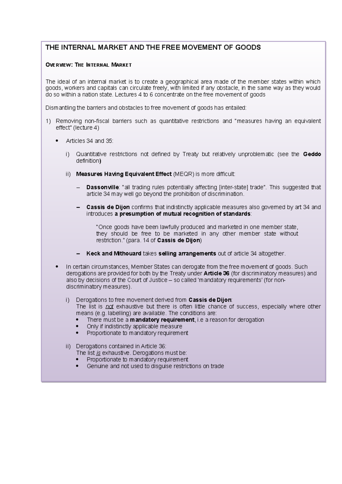 Free movement of goods notes - THE INTERNAL MARKET AND THE FREE ...