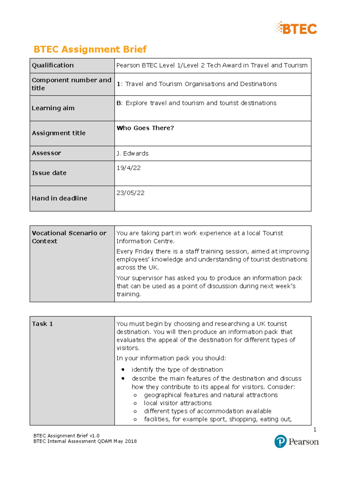 Travel and Tourism Component 1 - 1 BTEC Assignment Brief v1. BTEC ...
