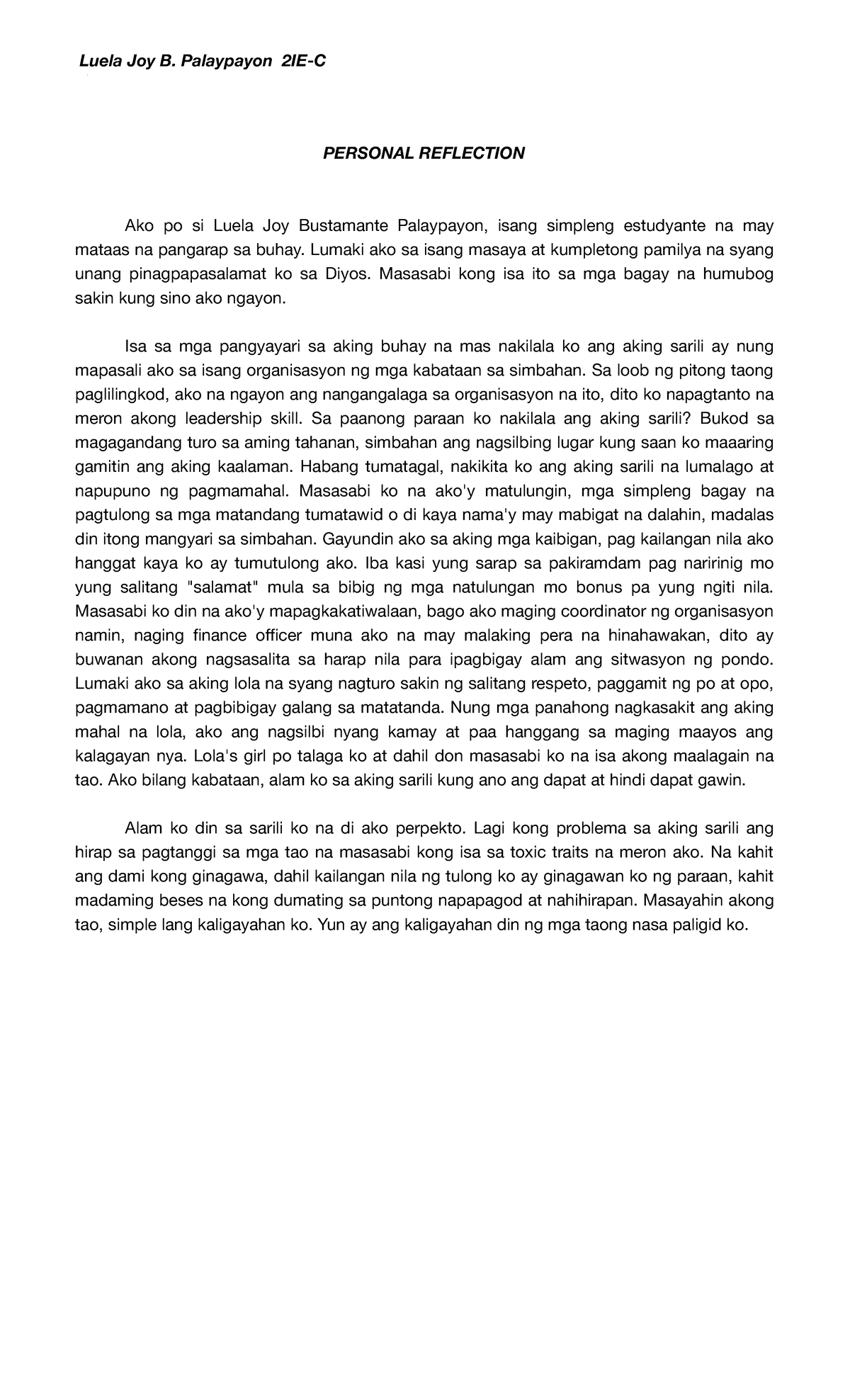 Personal reflection Luela Joy Palaypayon - Luela Joy B. Palaypayon 2IE ...