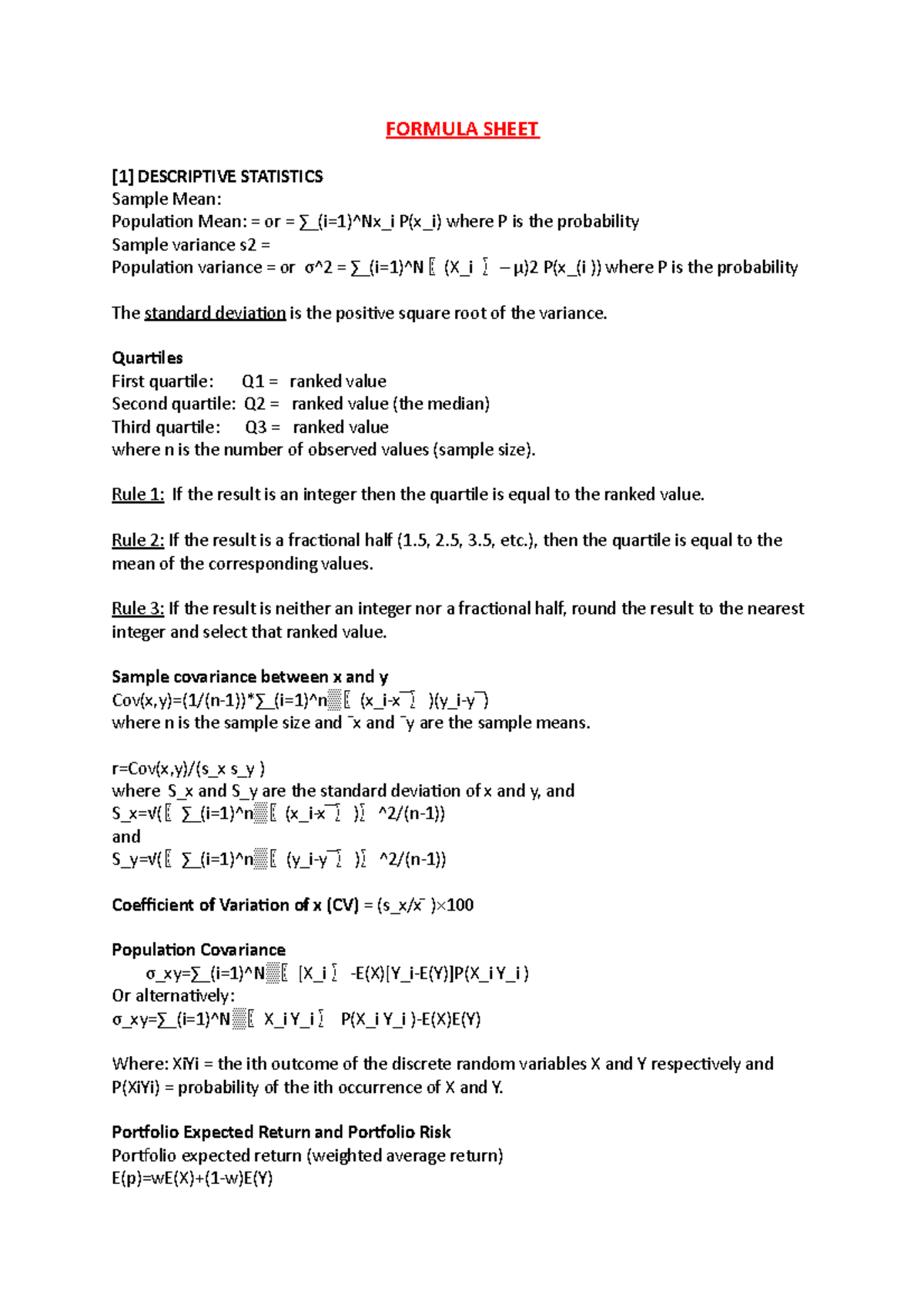 Formula Sheet 2022 - FORMULA SHEET [1] DESCRIPTIVE STATISTICS Sample ...