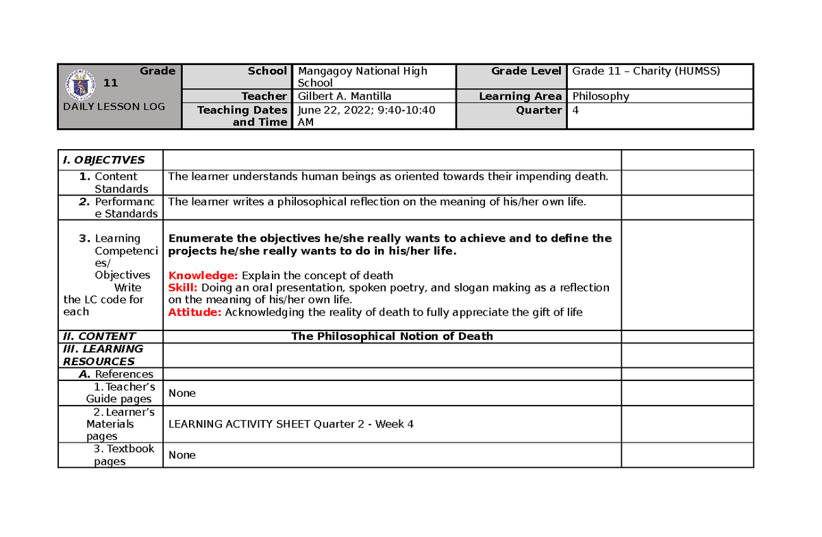 Officiallessonplan BERT - Grade 11 DAILY LESSON LOG School Mangagoy ...
