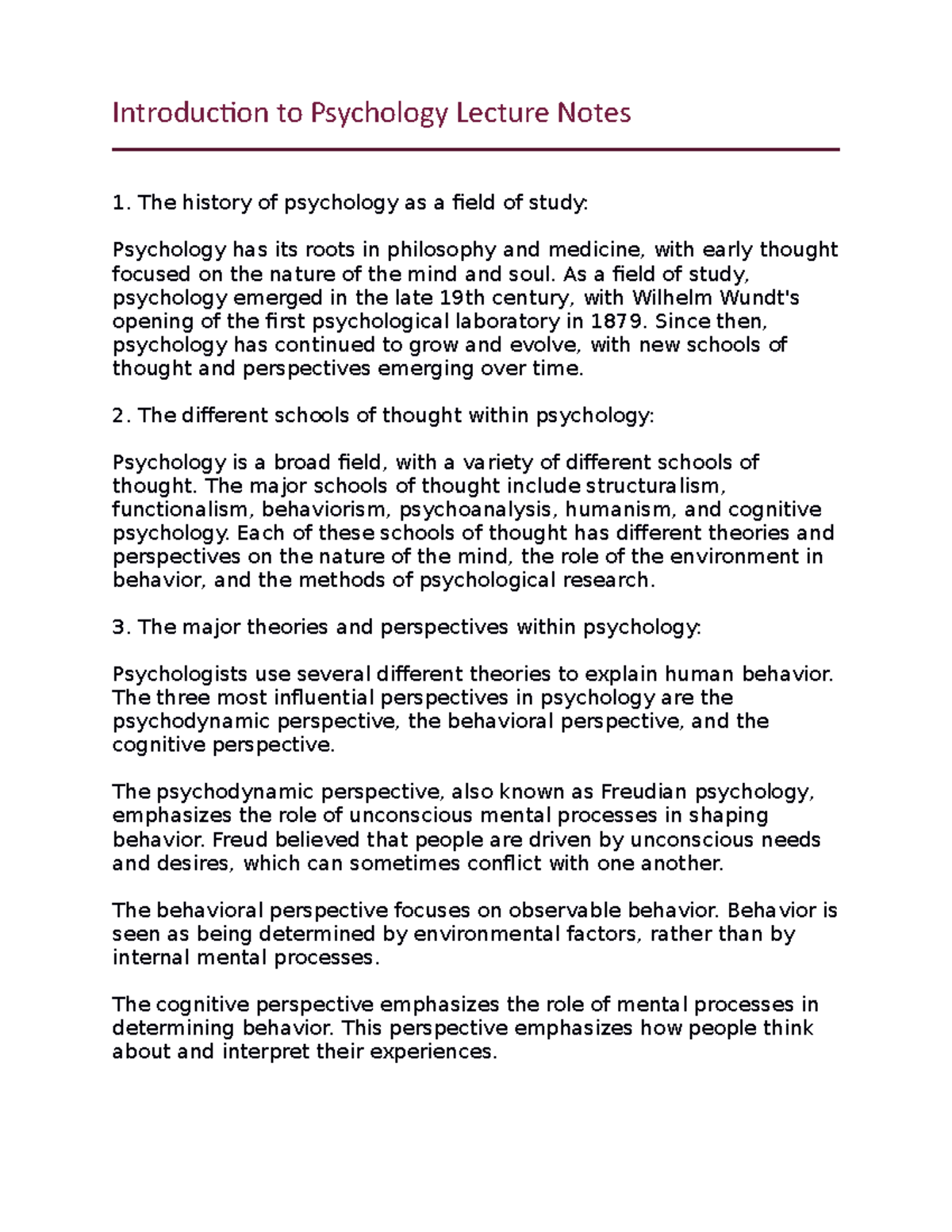 Introduction to Psychology Lecture Notes 2 - As a field of study ...