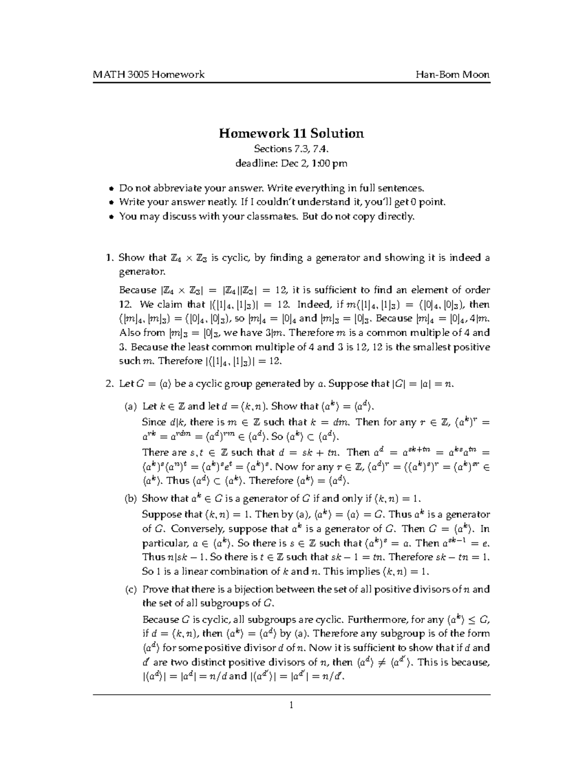 Homework 11 sol - MATH 3005 Homework Han-Bom Moon Homework 11 Solution ...