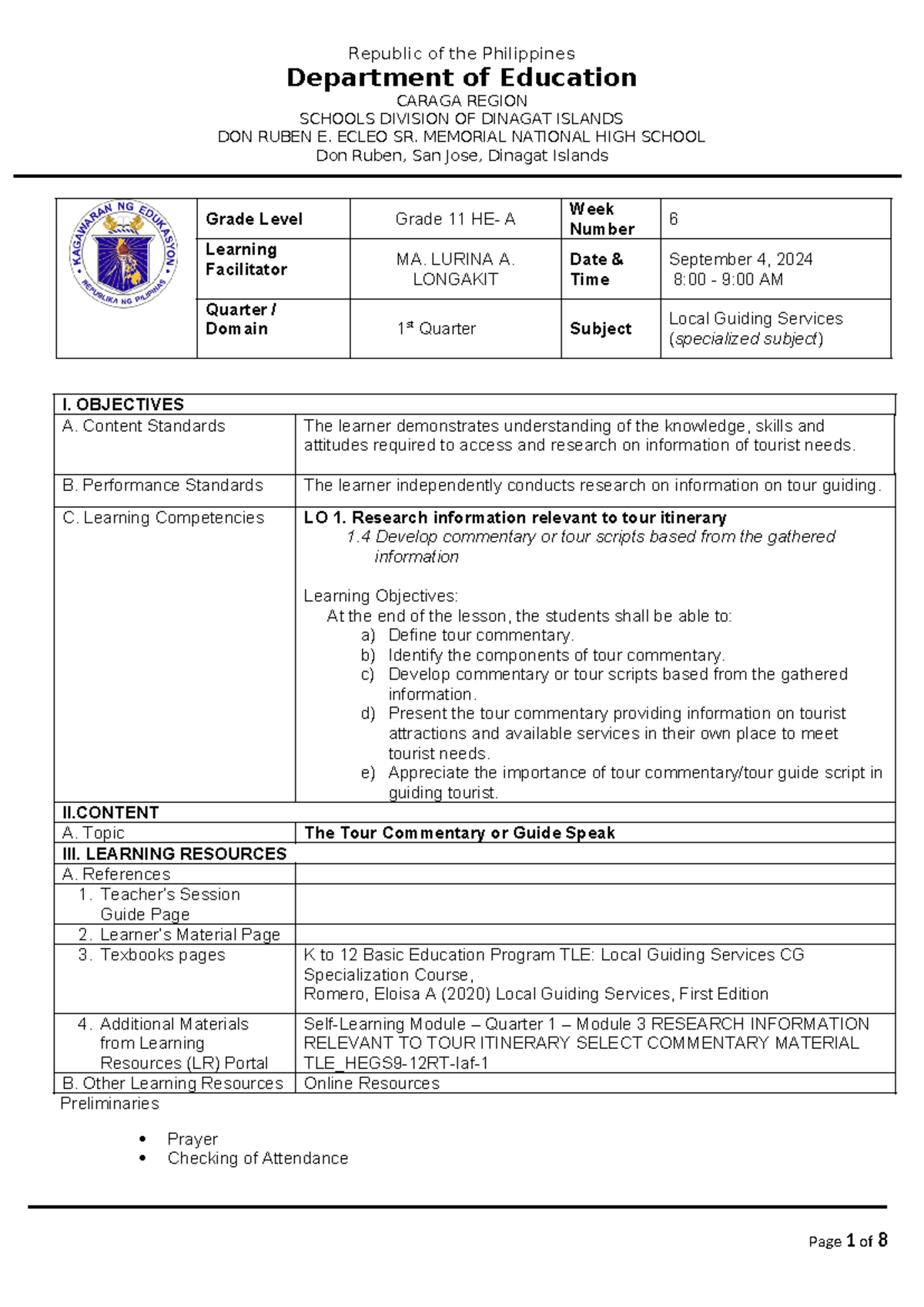 SHS DLP Longakit CO1 - Daily Lesson Log - Semi-detailed - Republic of ...