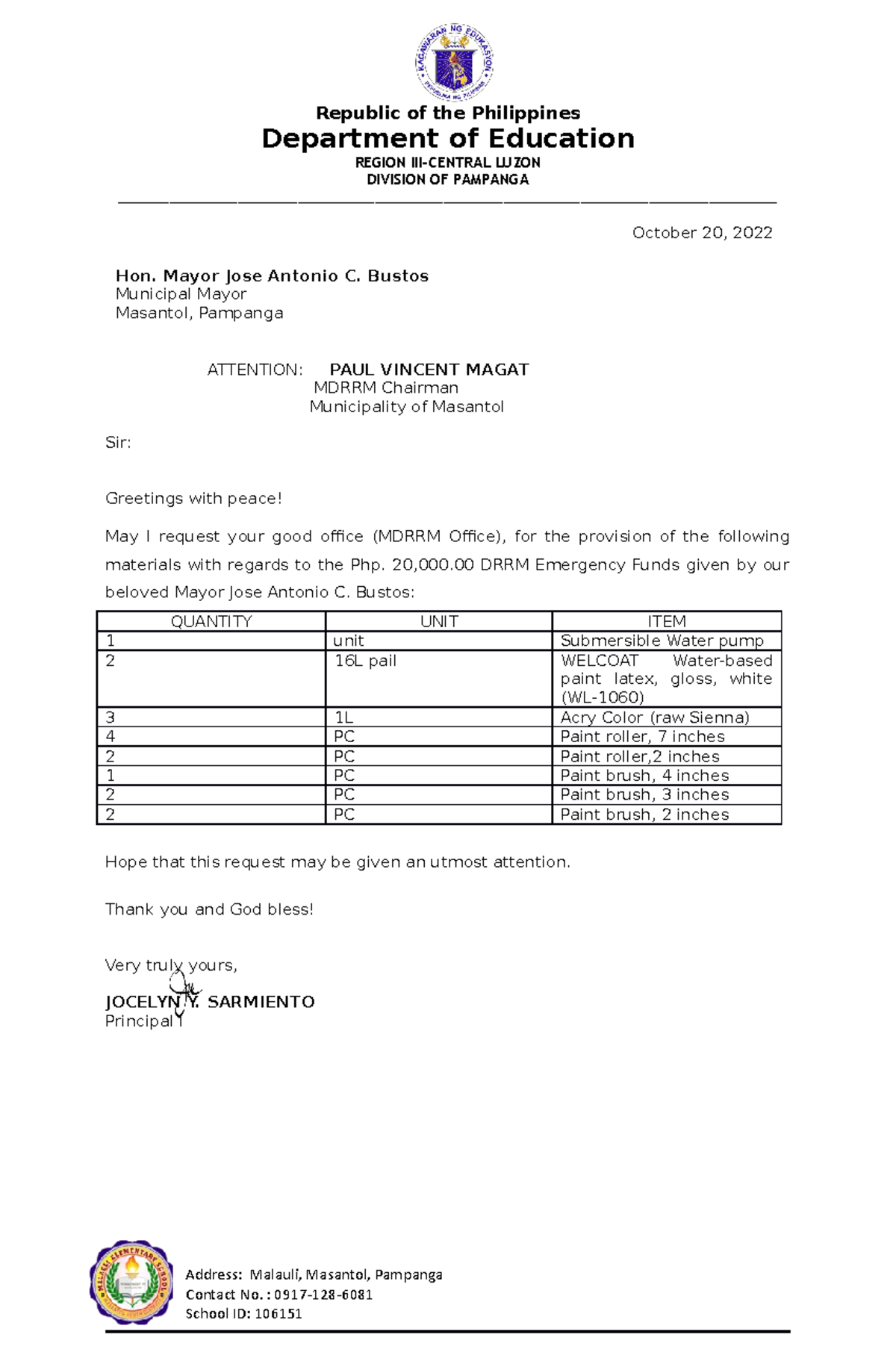 DRRM Request - Republic of the Philippines Department of Education ...
