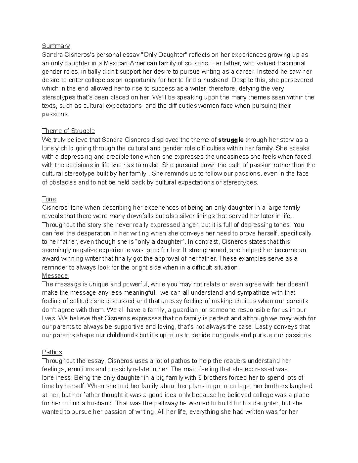 Only Daughter Seminar - Summary Sandra Cisneros's personal essay "Only ...