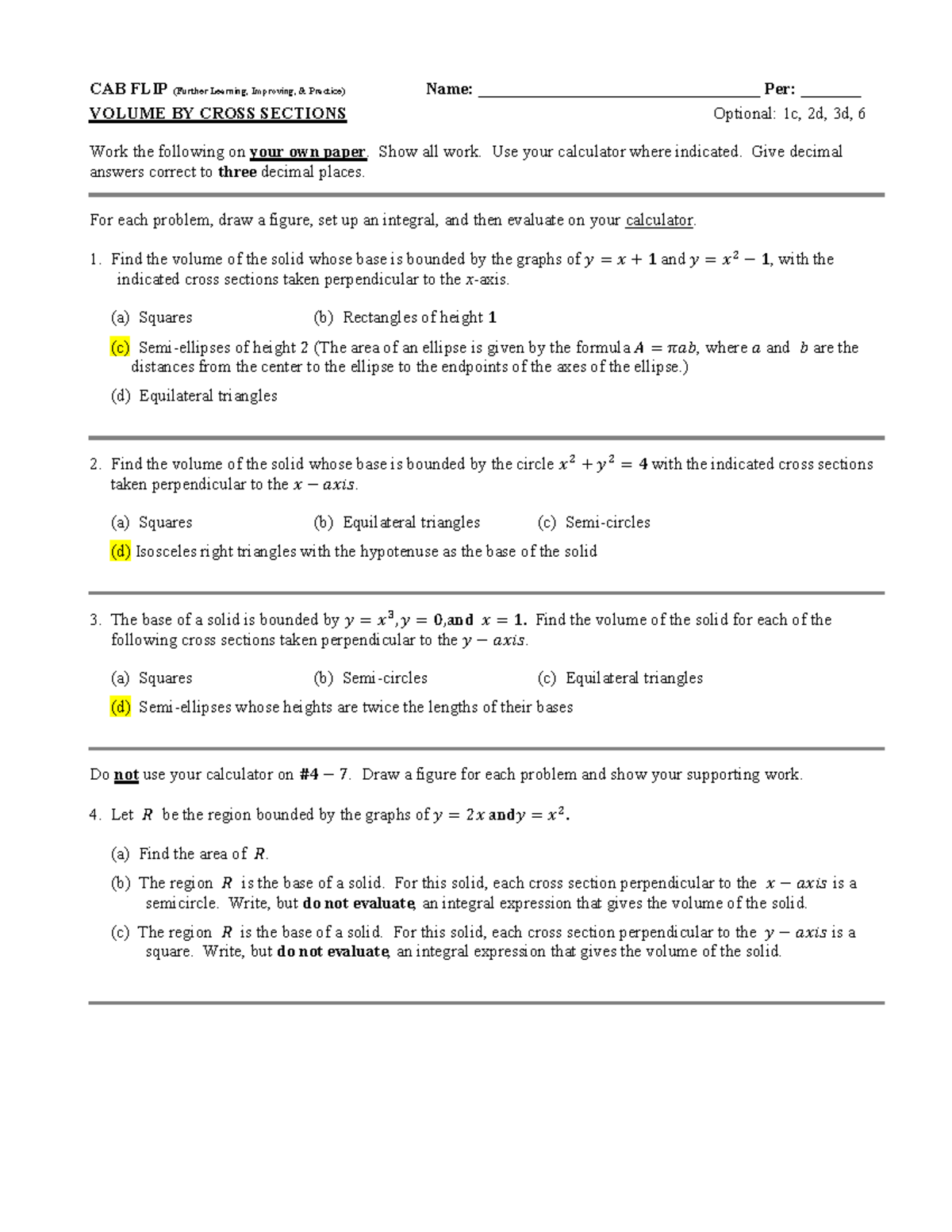 CAB Volume by Cross Sections FLIP (Answers) - CAB FLIP (Further Learning, Improving, & Practice ...
