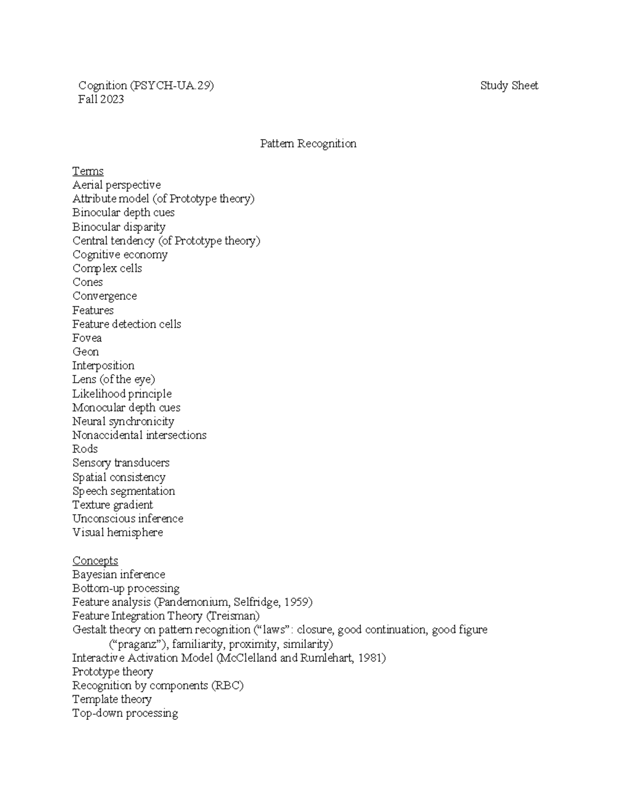 Study sheet - ch 3 perception f23 - Cognition (PSYCH-UA) Fall 2023 ...