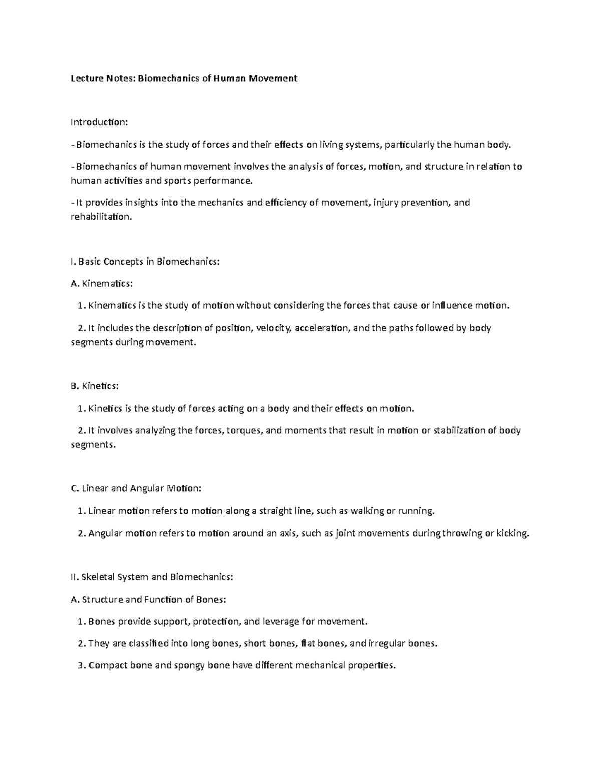 Lecture Notes: Biomechanics of Human Movement - Lecture Notes ...