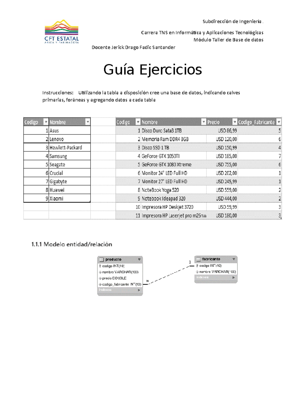 Guia Ejercicios base de datos SQL - Where - Subdirección de Ingeniería. Carrera TNS en ...
