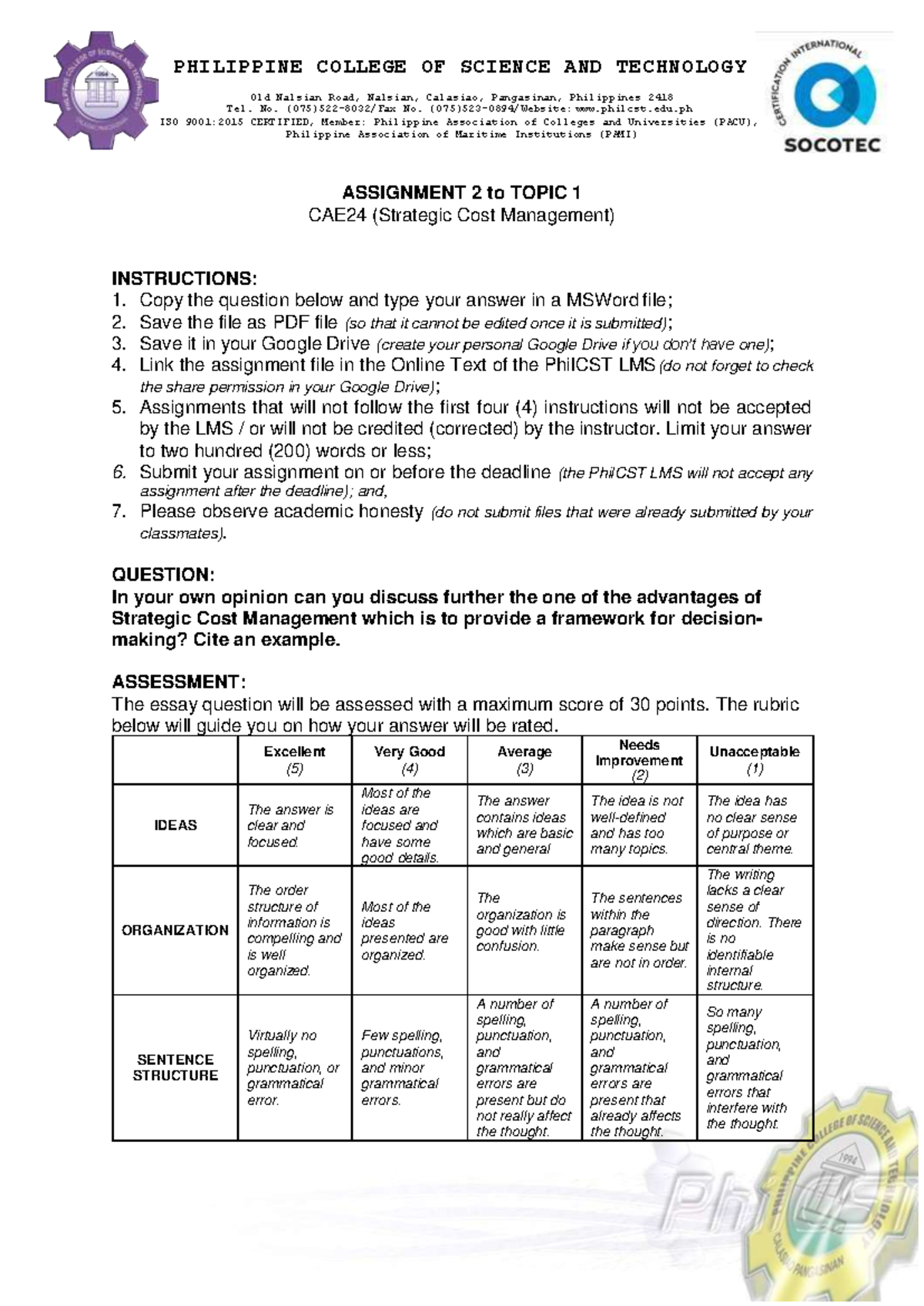 Assignment to Topic 1 - hope this one will help you :) - PHILIPPINE ...