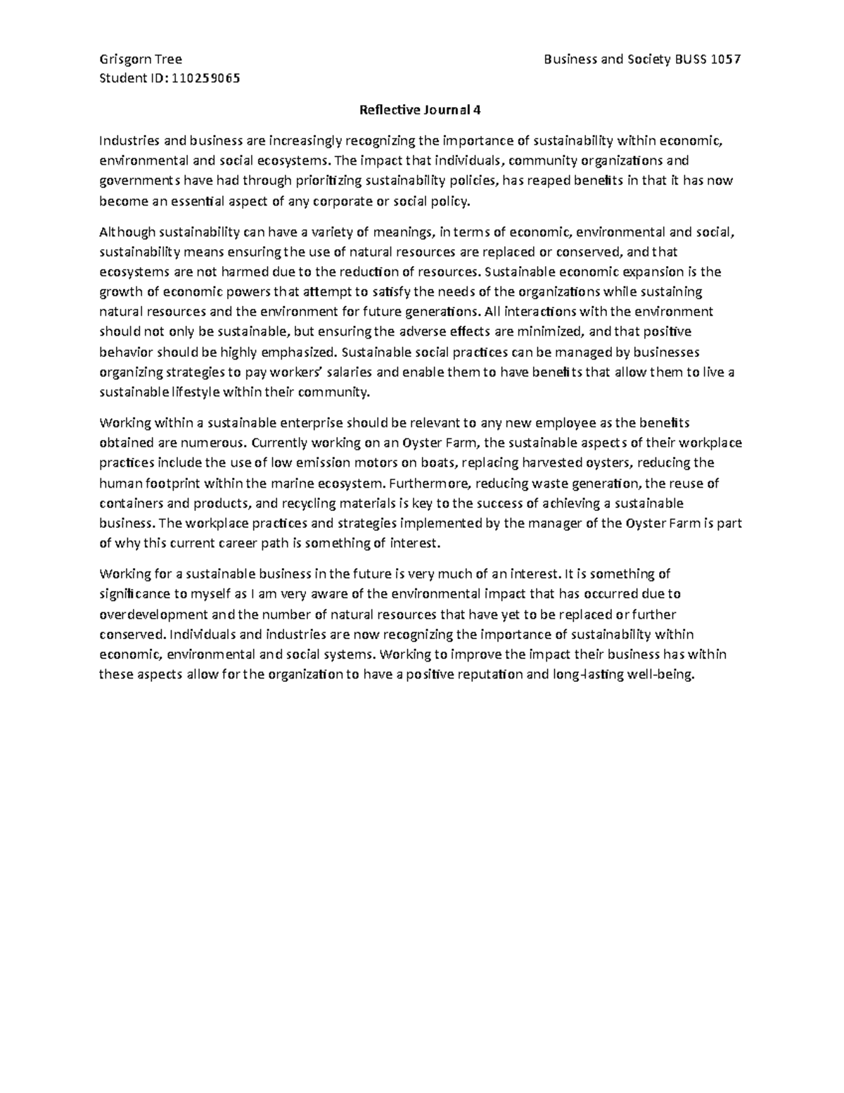 Reflective Journal 4 - Grisgorn Tree Student ID: 110259065 Business and ...