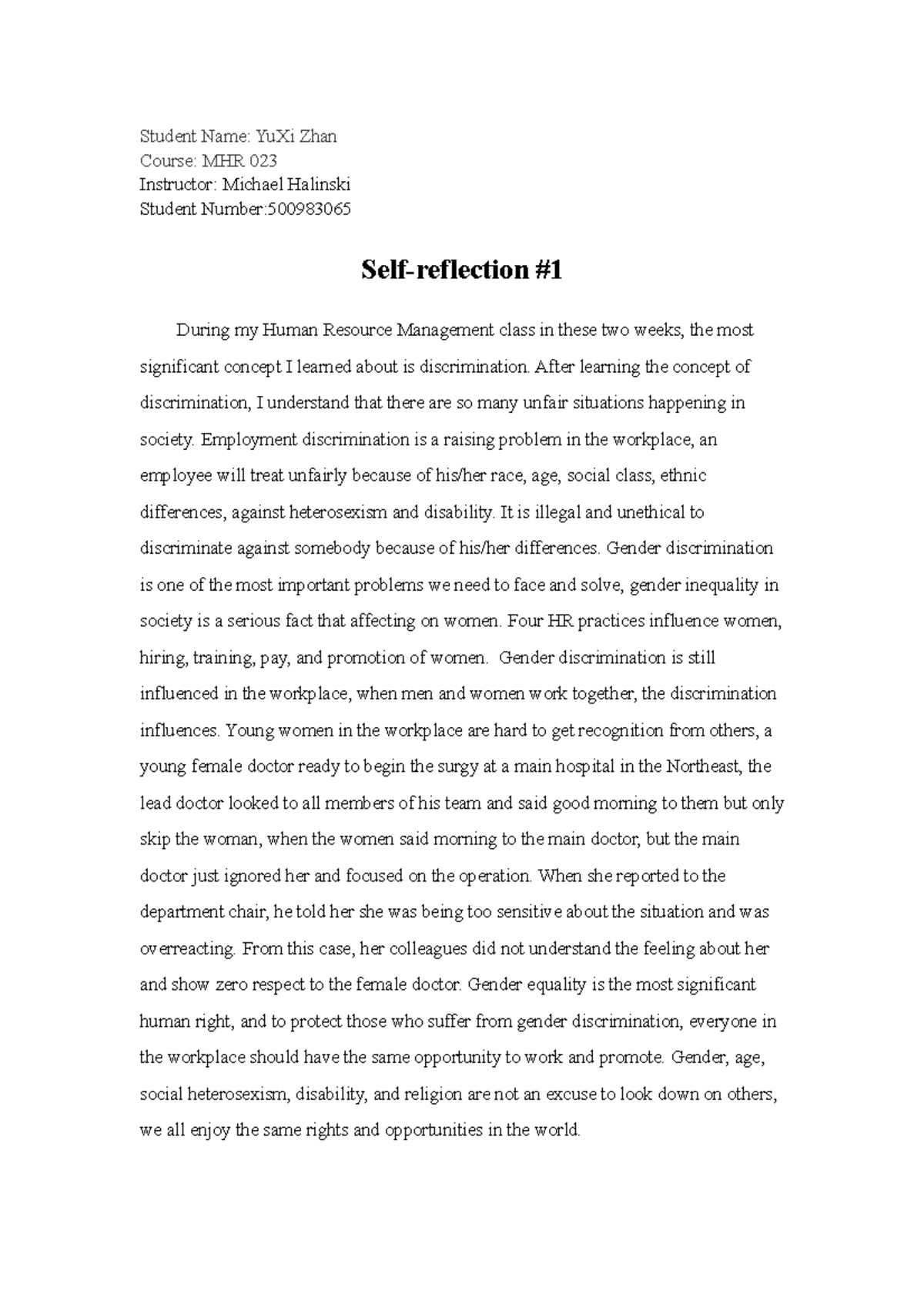 Self-reflection #1 - Course Assignment - Student Name: YuXi Zhan Course ...