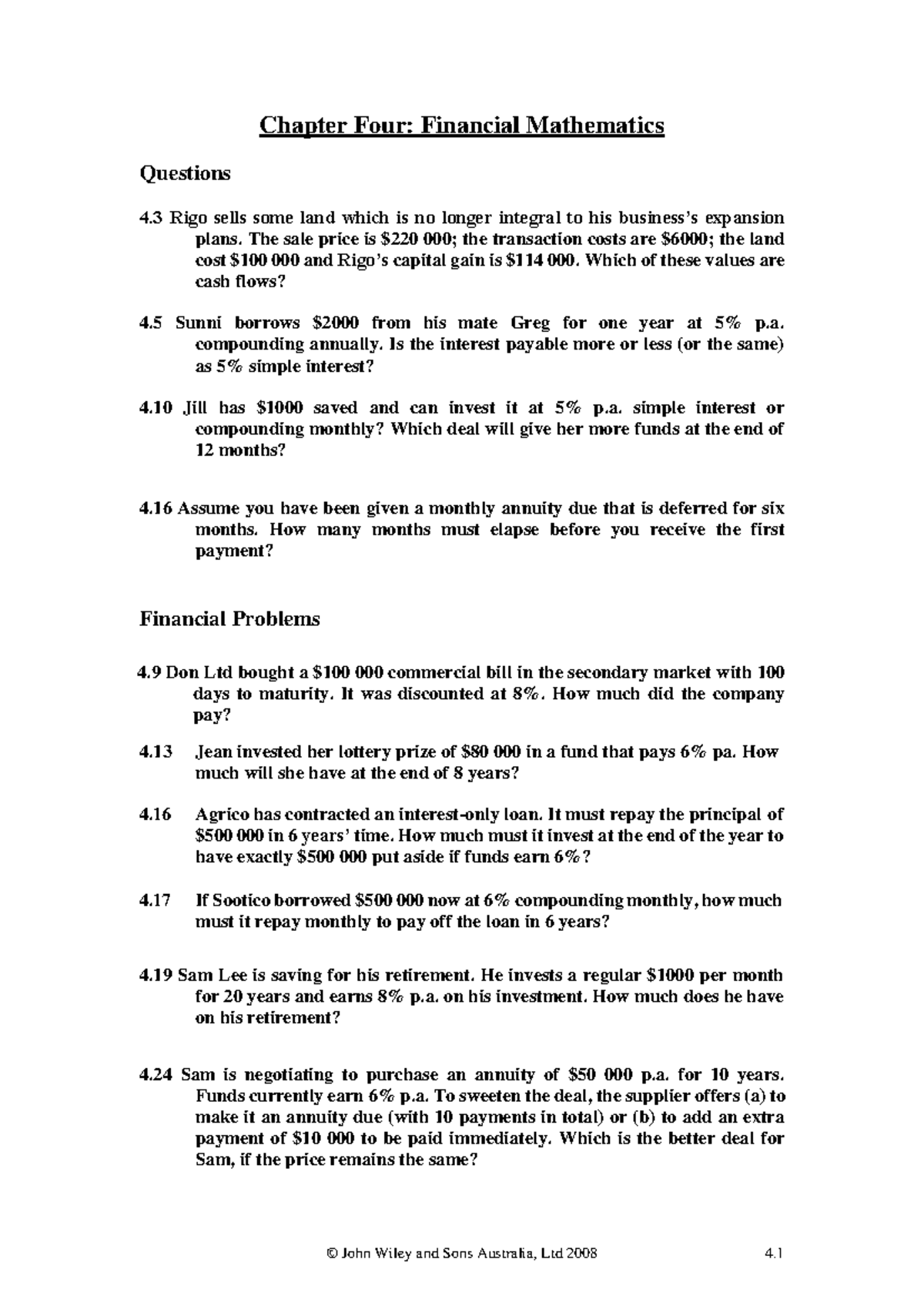 Chapter 4 Tutorial Questions © John Wiley And Sons Australia Ltd 2008 4 Questions Chapter 