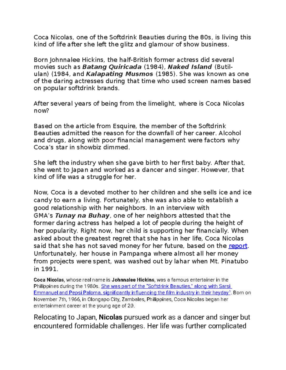 Coca Nicolas - Born Johnnalee Hickins, the half-British former actress ...