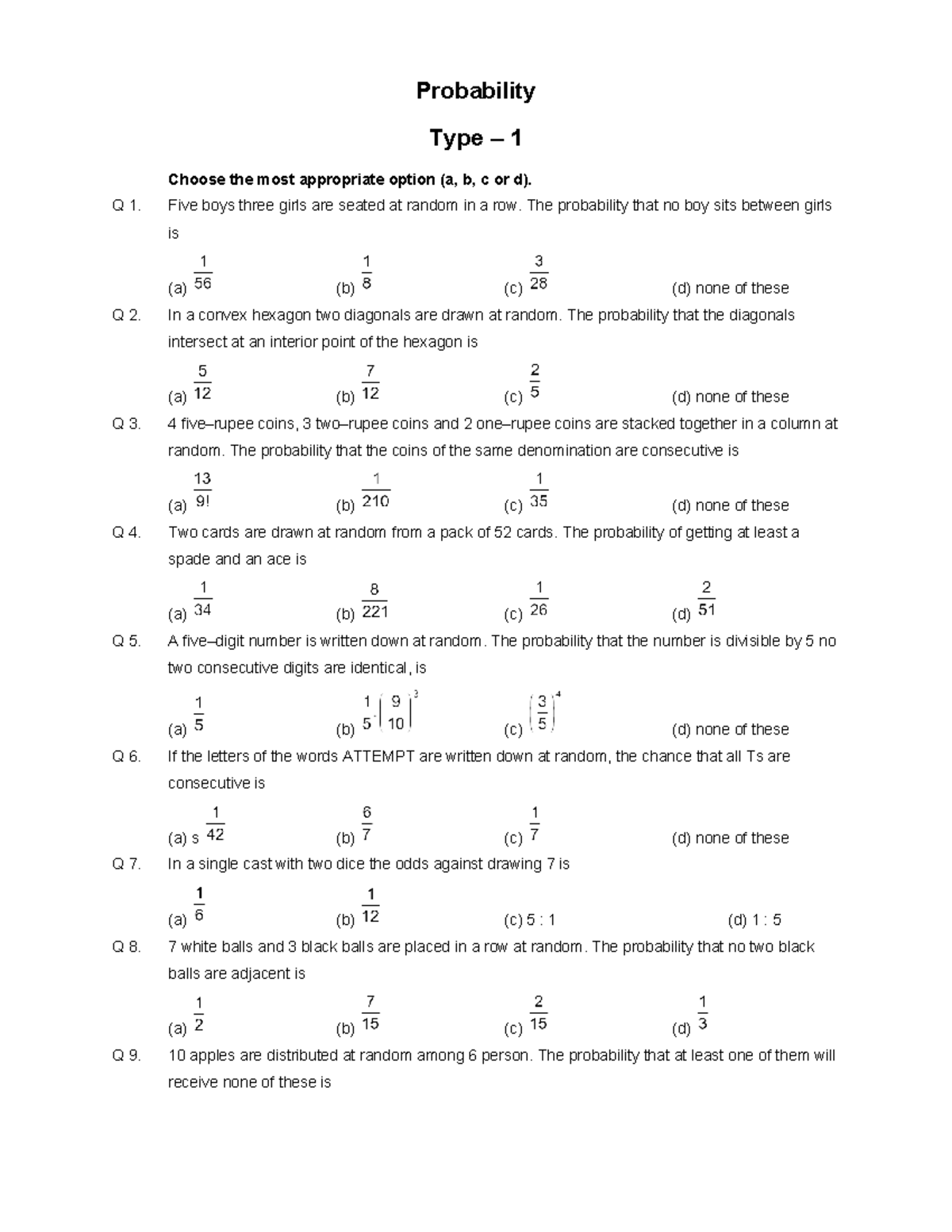 01 Probability - Jjj - Probability Type – 1 Choose the most appropriate ...