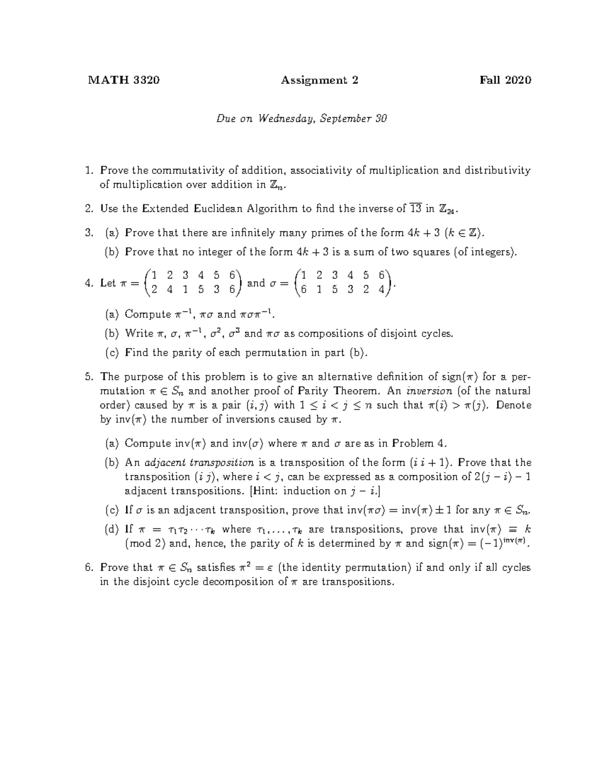 A2 - Assignments - MATH 3320 Assignment 2 Fall 2020 Due on Wednesday, September 30 Prove the ...