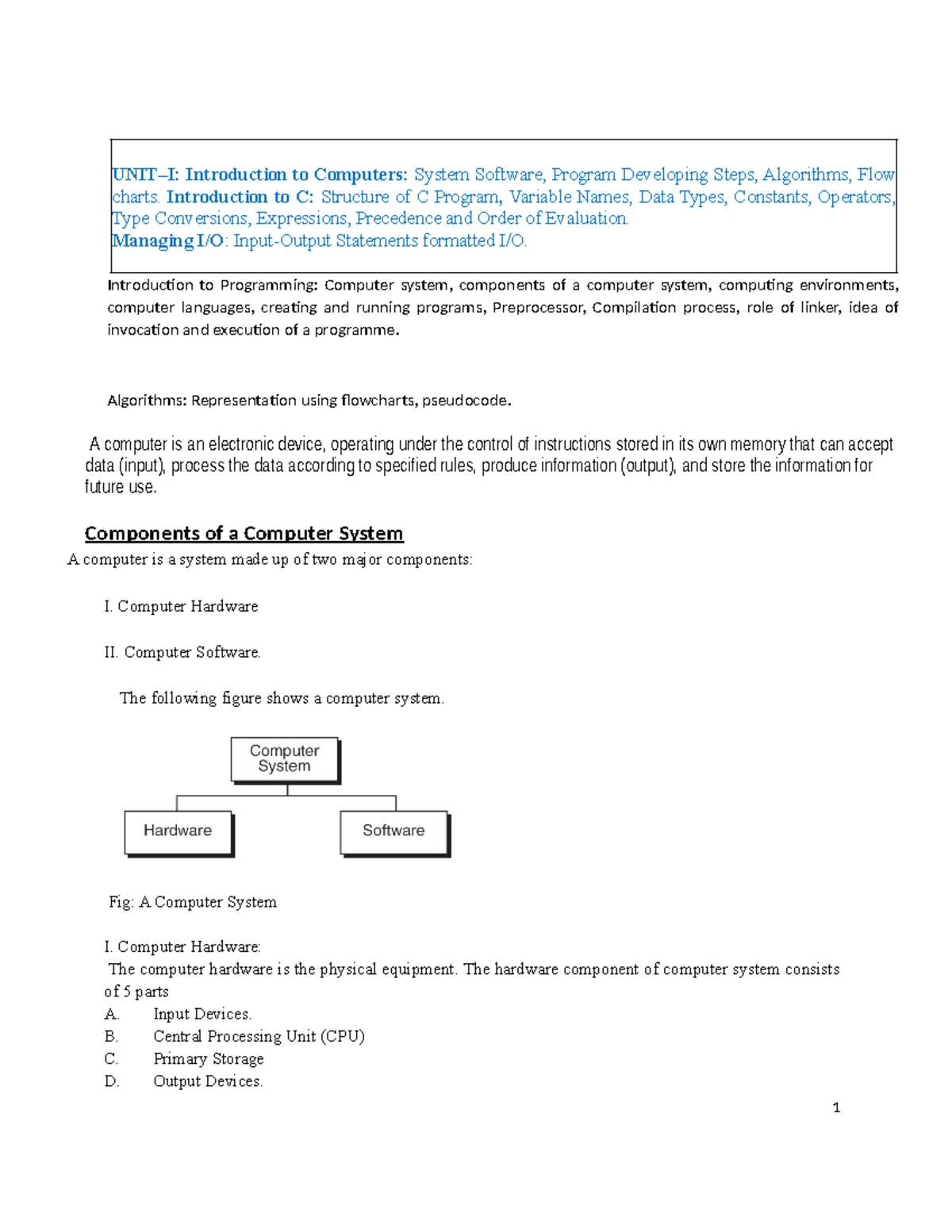 C Programming UNIT-IQA - UNIT–I: Introduction to Computers: System Software, Program Developing ...