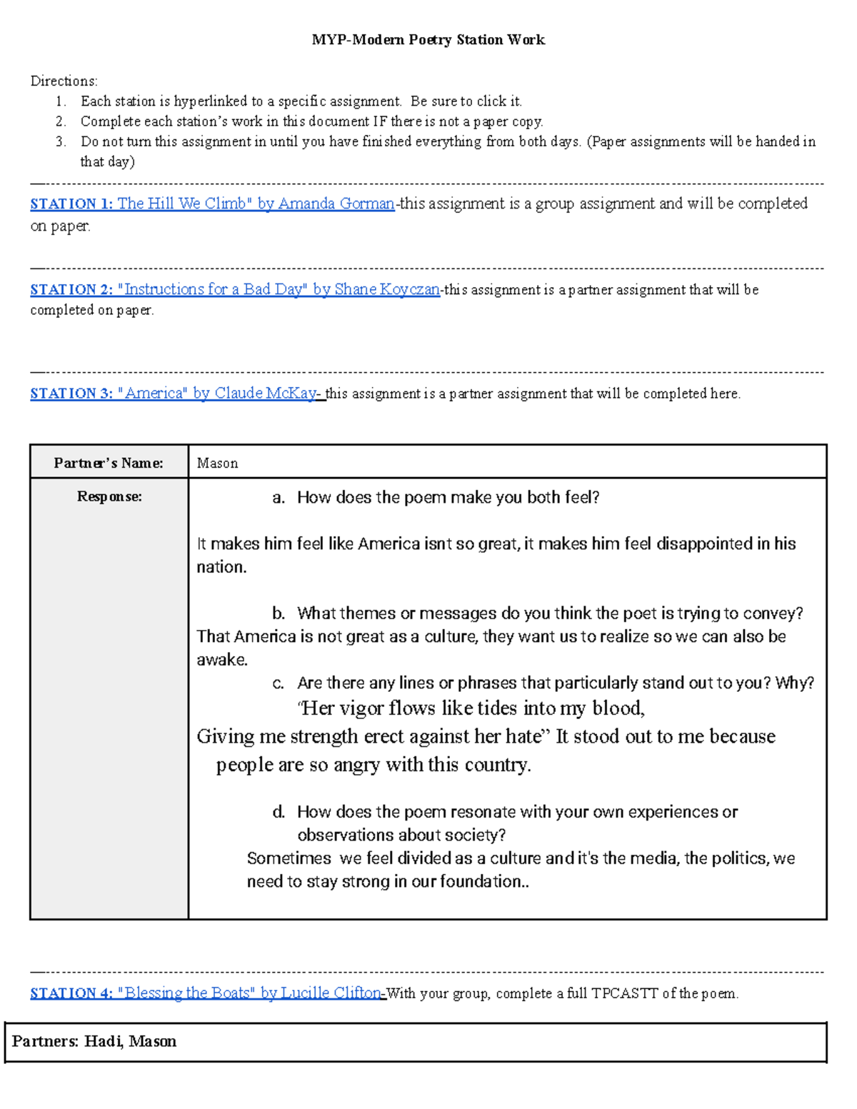 Station Work - highschool - MYP-Modern Poetry Station Work Directions ...