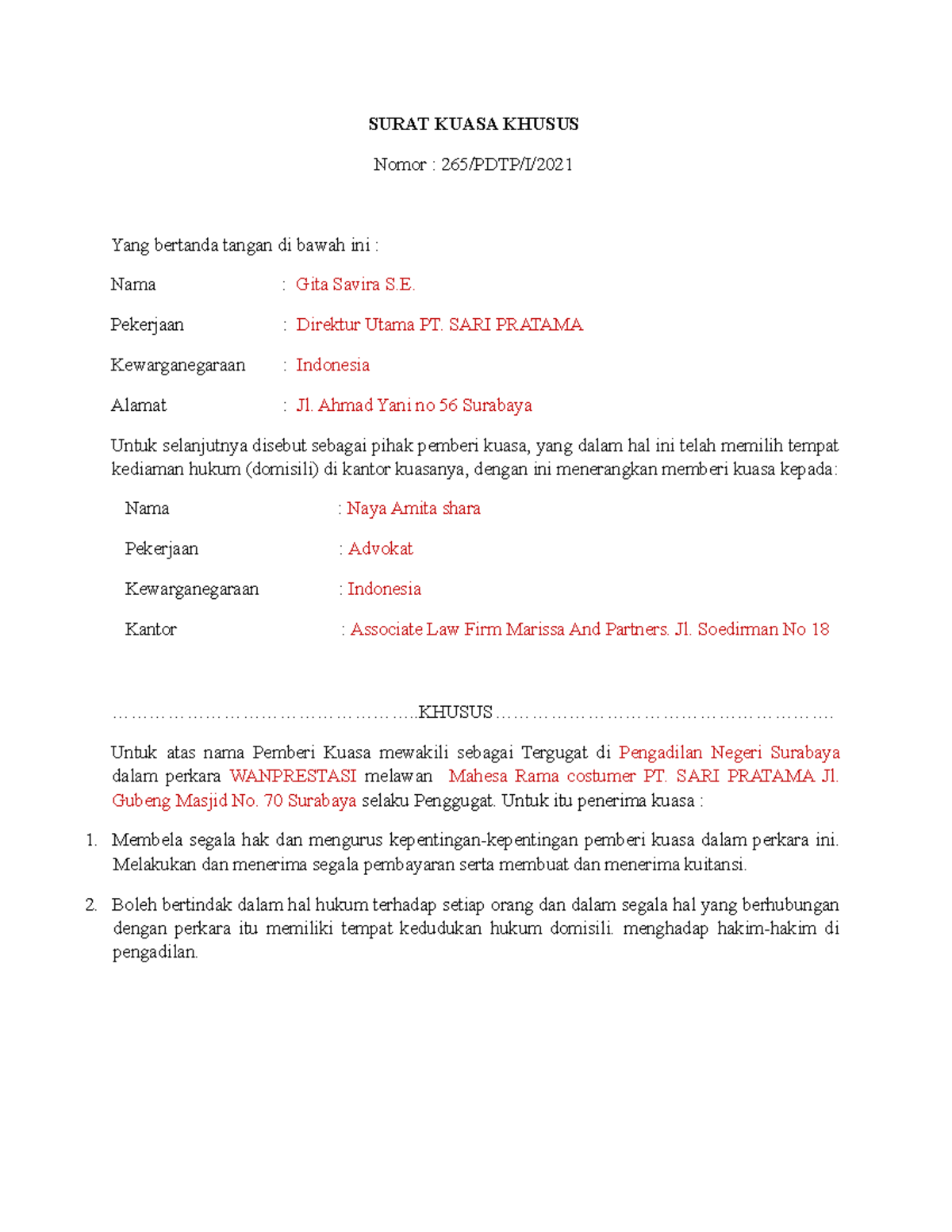 Contoh surat kuasa - SURAT KUASA KHUSUS Nomor : 265/PDTP/I/ Yang ...