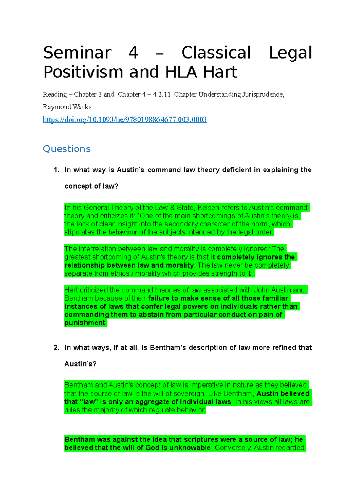 Seminar 4 - Positivism - Seminar 4 – Classical Legal Positivism and HLA ...