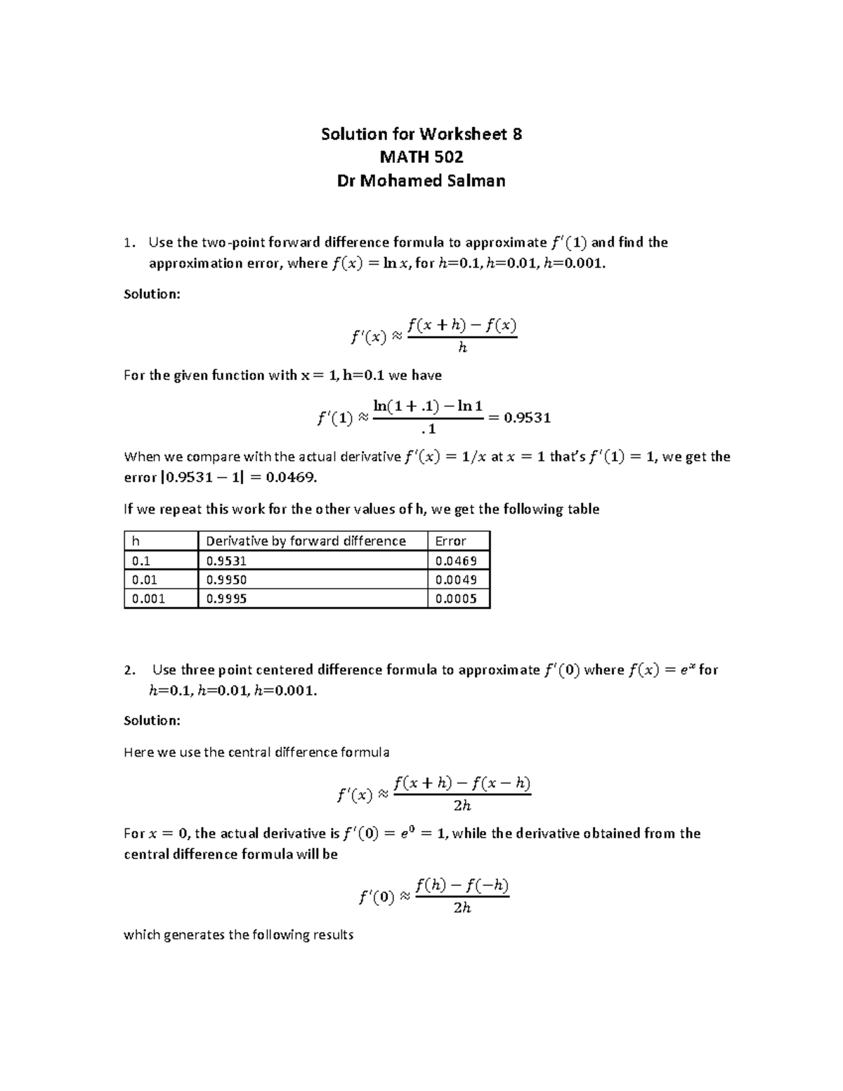 Sheet 8 Solutions, Numerical Methods MATH 502.Numerical Methods MATH 502 - Solution for ...