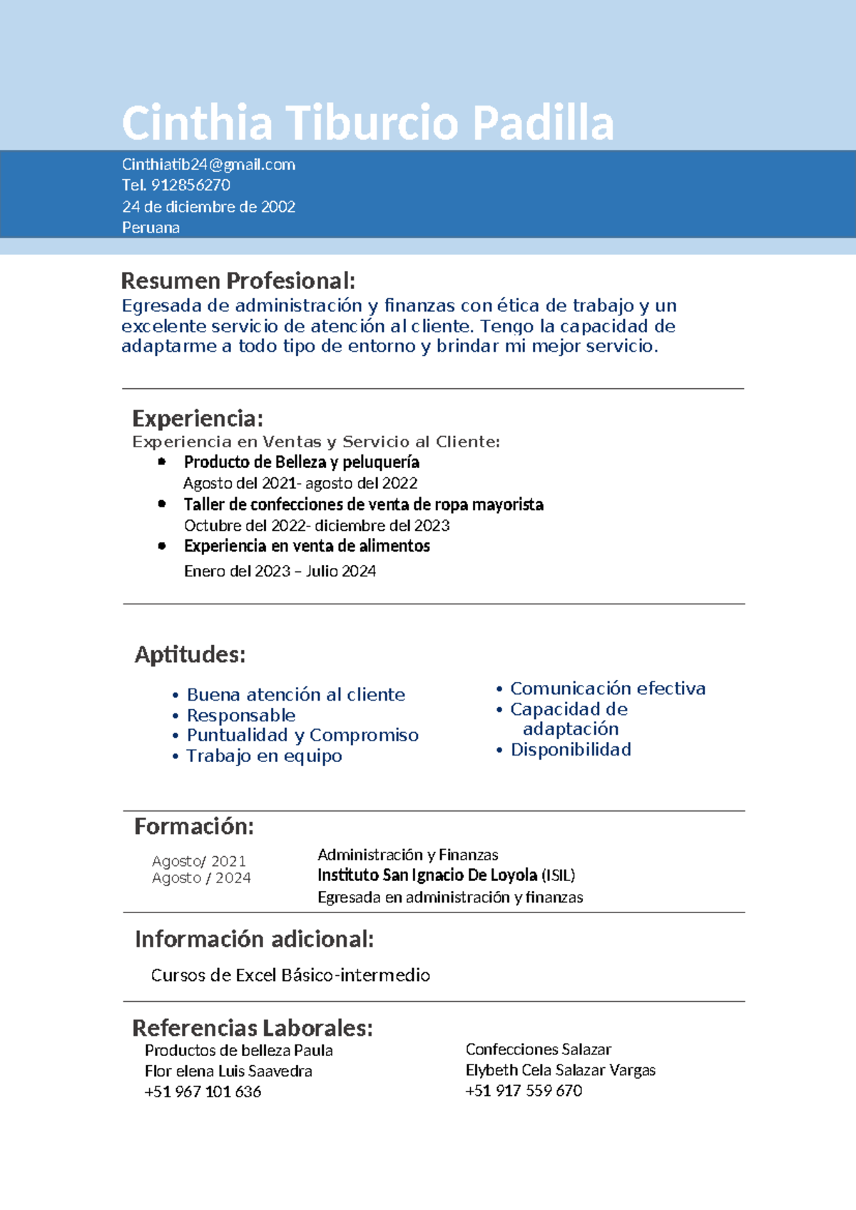 CV Cinthia Tiburcio - modelo de curriculum - Cinthia Tiburcio Padilla Cinthiatib24@gmail Tel ...